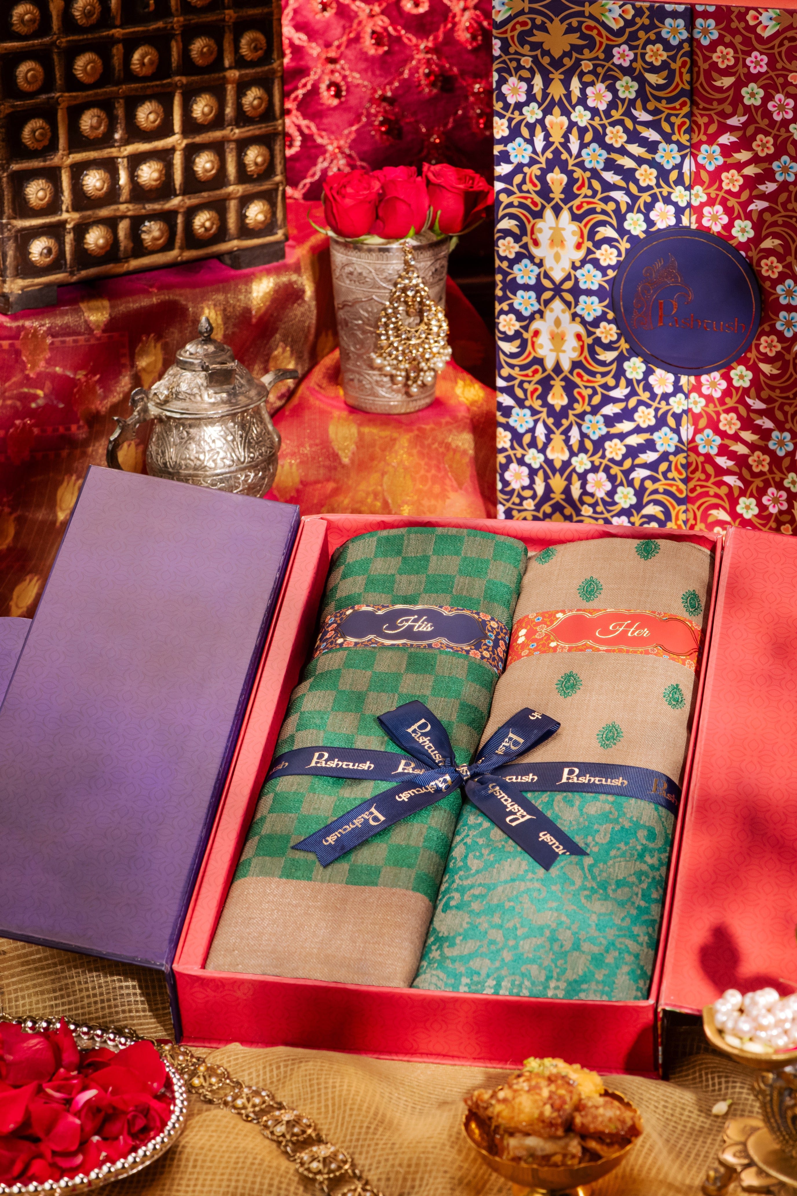 Pashtush His And Her Gift Set Of Checkered Stole And Embroidery Shawl – Pashtush Shawl Store