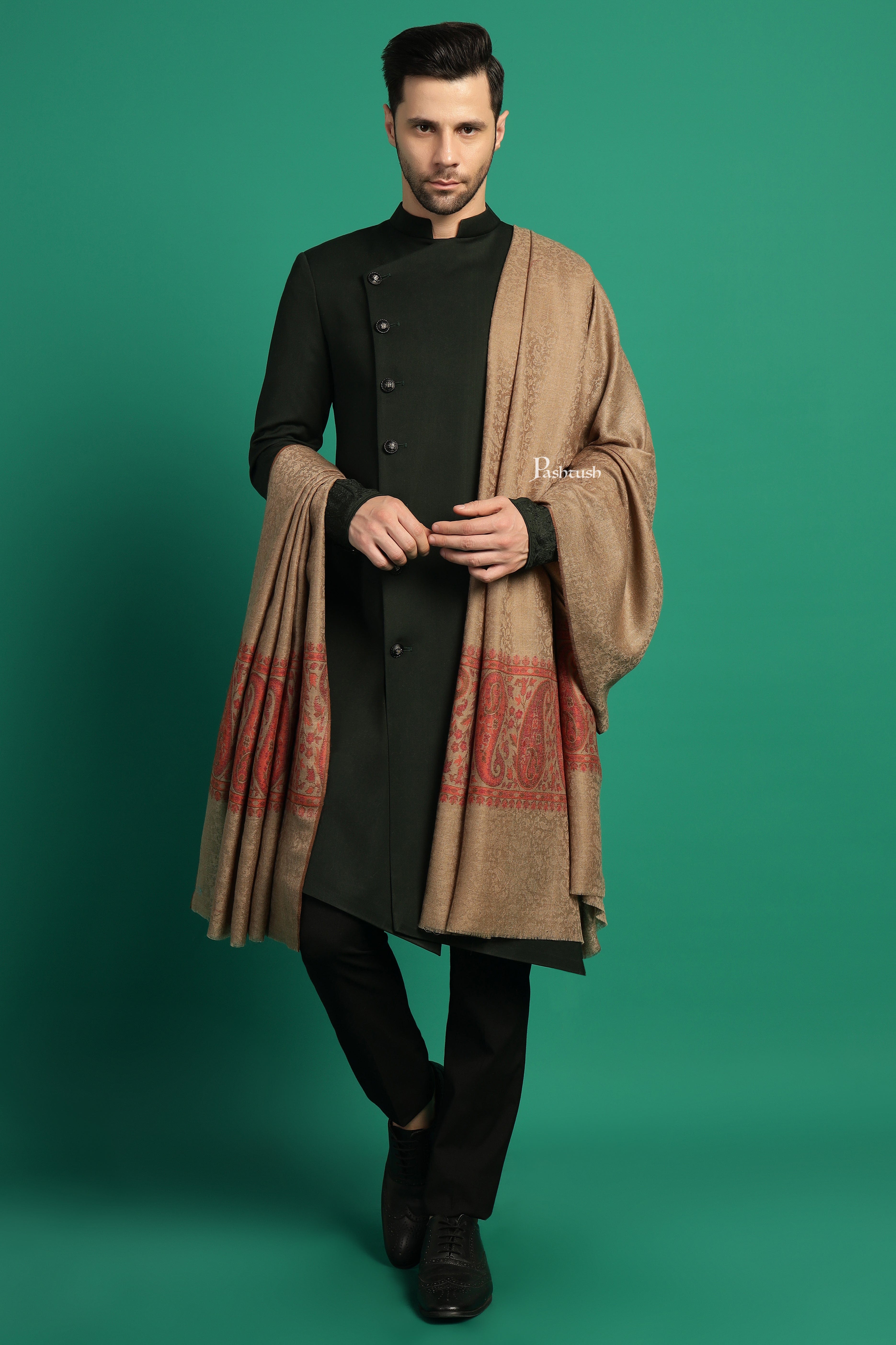 Pashtush Mens Extra Fine Wool Shawl, Paisley Design, Taupe – Pashtush ...