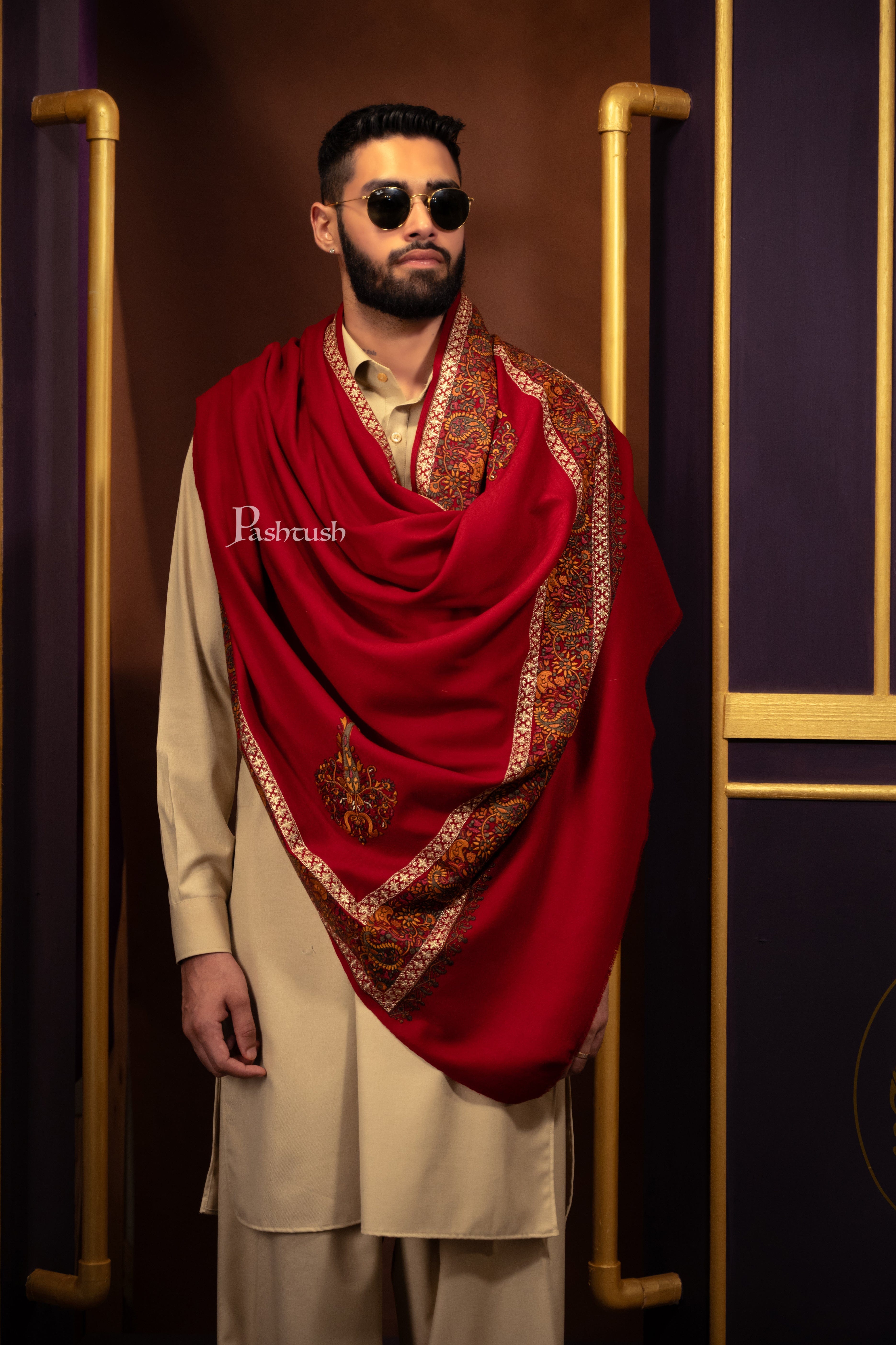 Pashtush Mens Extra Fine Wool Stole, Challa Daur With Metallic Detaili ...