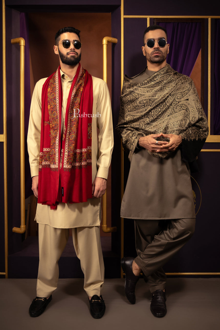 Pashtush Mens Extra Fine Wool Stole, Challa Daur With Metallic Detaili ...