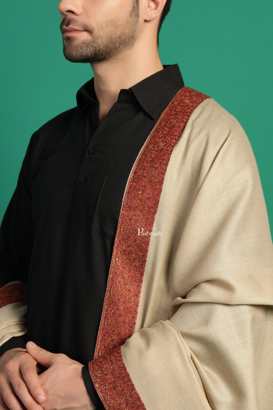 Pashtush Mens Fine Wool Shawl, Double Daur Challa Design, Beige ...
