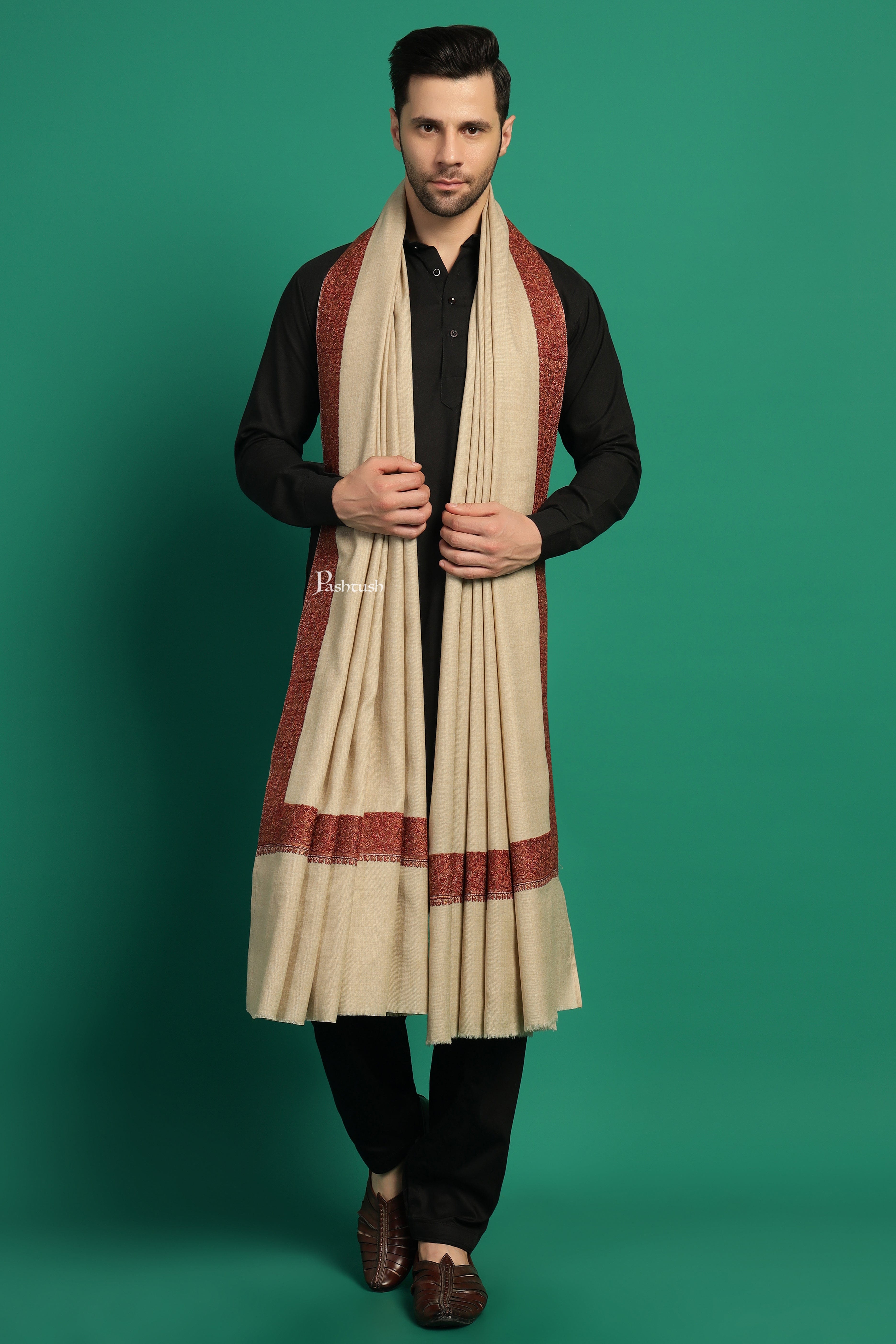 Pashtush Mens Fine Wool Shawl, Double Daur Challa Design, Beige ...