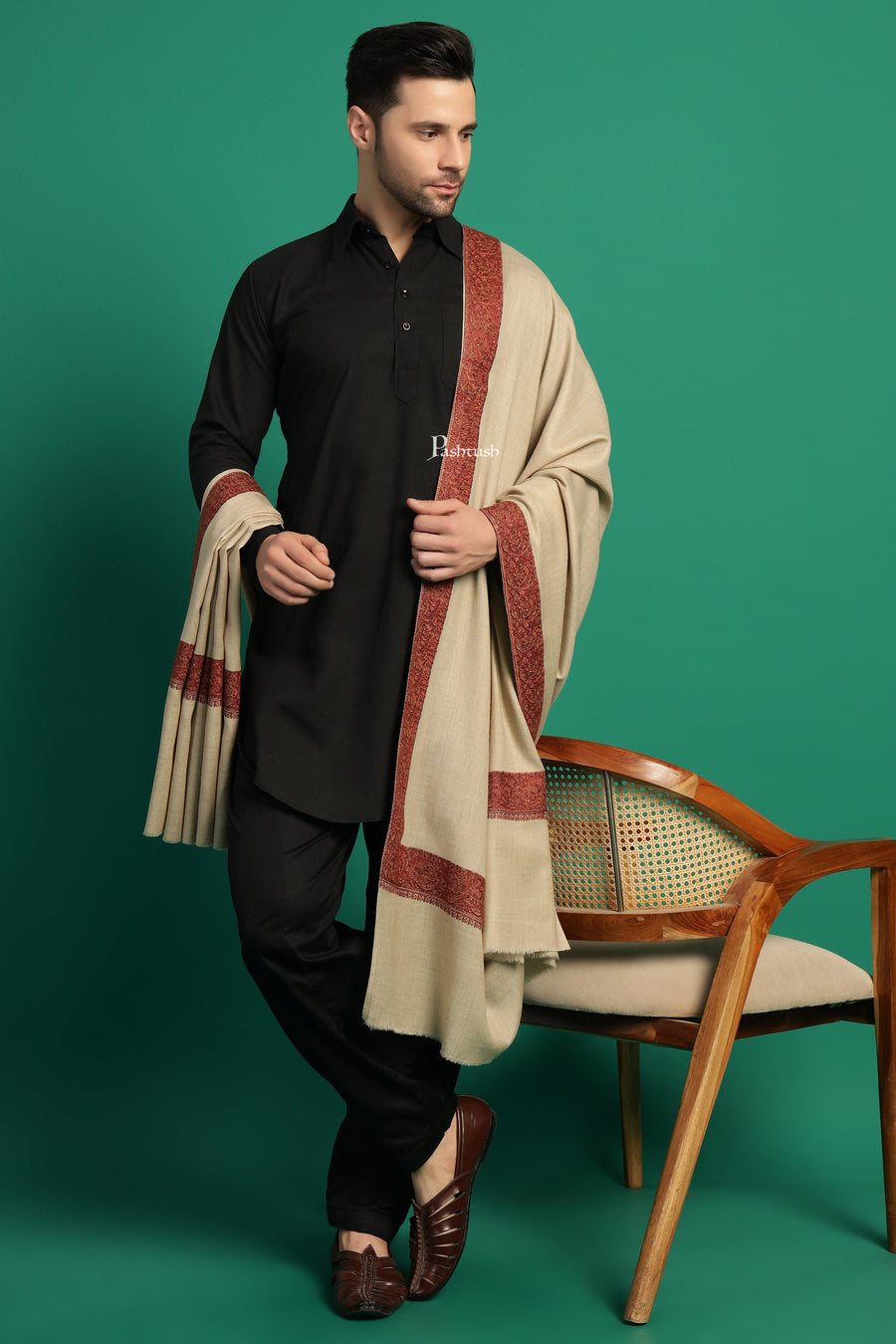 Pashtush Mens Fine Wool Shawl, Double Daur Challa Design, Beige ...