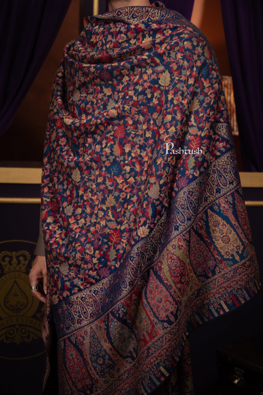 Pashtush Mens Fine Wool Shawl, With Metallic Weave Border Design, Blue ...
