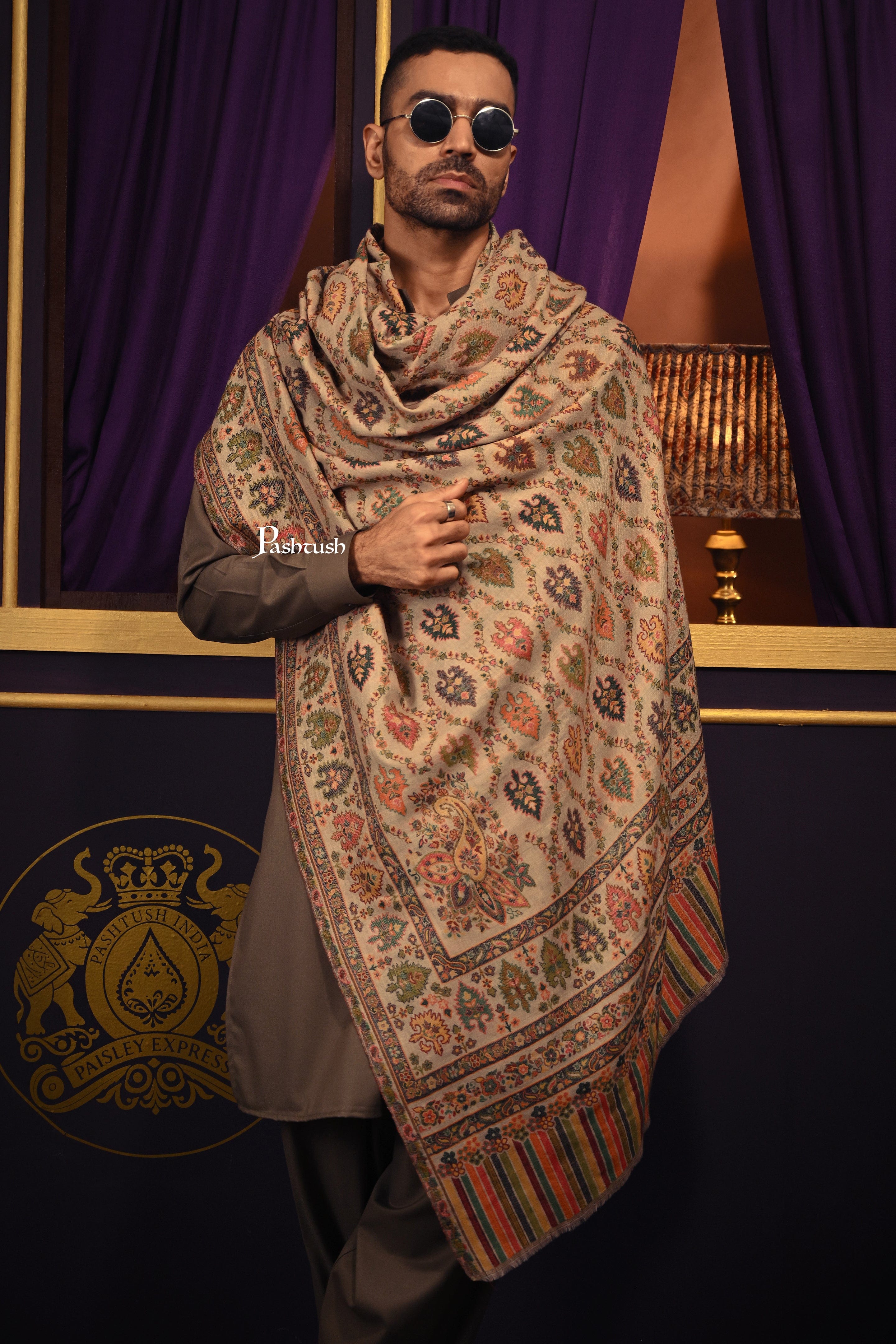 Pashtush Mens Shawl, Fine Wool, Full Size, Ethnic Jamawar Woven Design ...