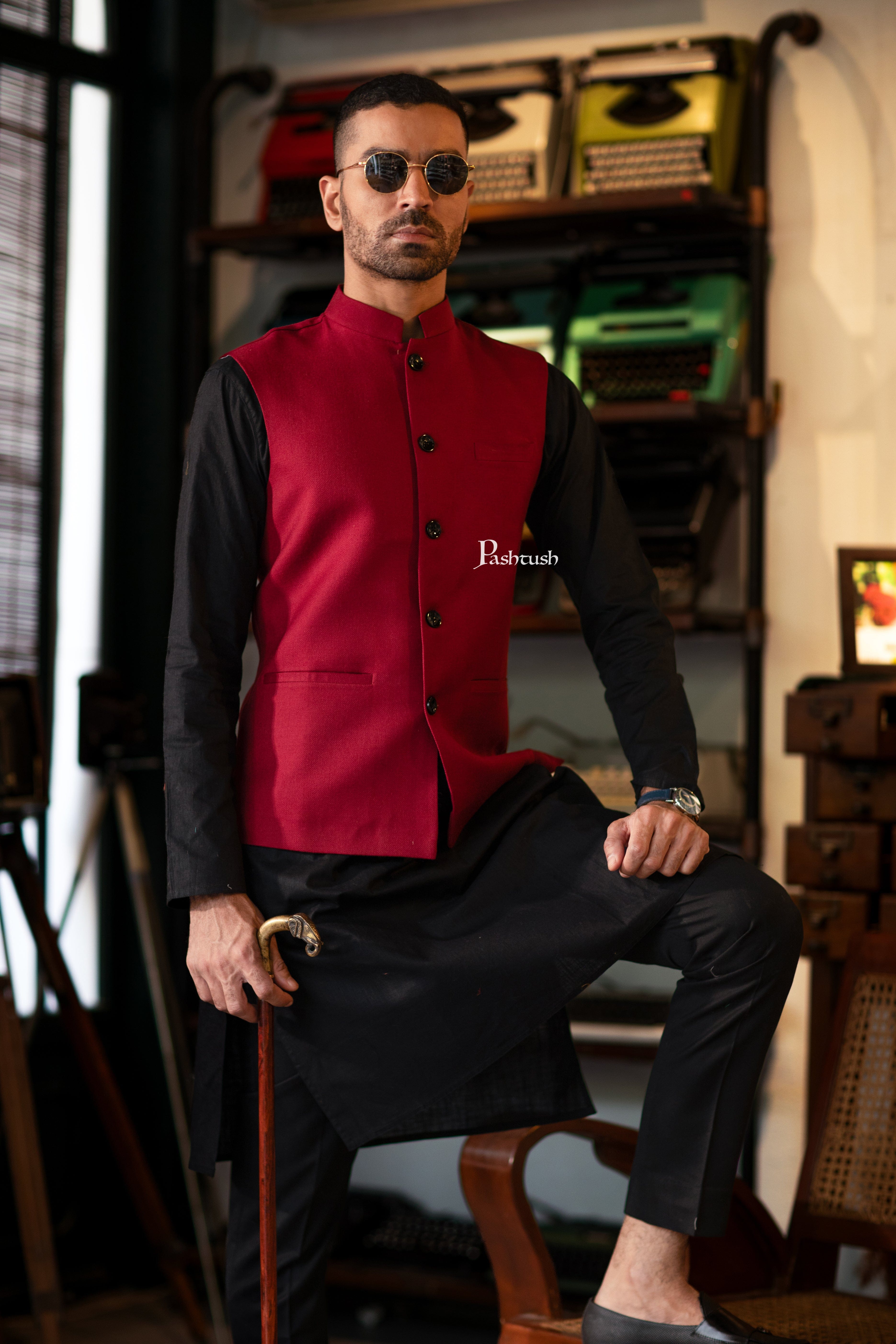 Pashtush Mens Waistcoat, Fine Wool, Solid Maroon – Pashtush Shawl Store