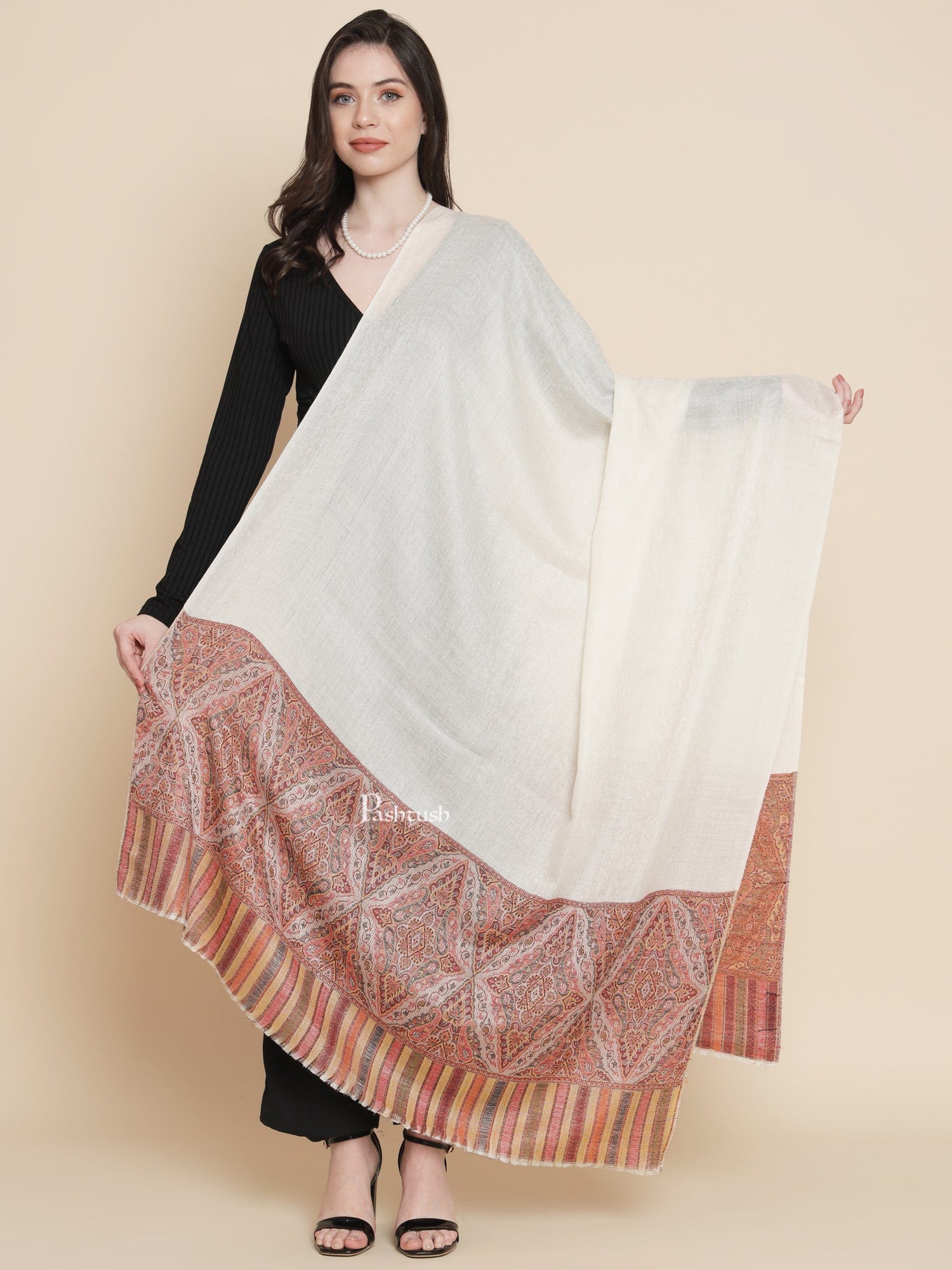 Pashtush Womens Extra Fine Wool Shawl, Ethnic Palla Design, Ivory ...