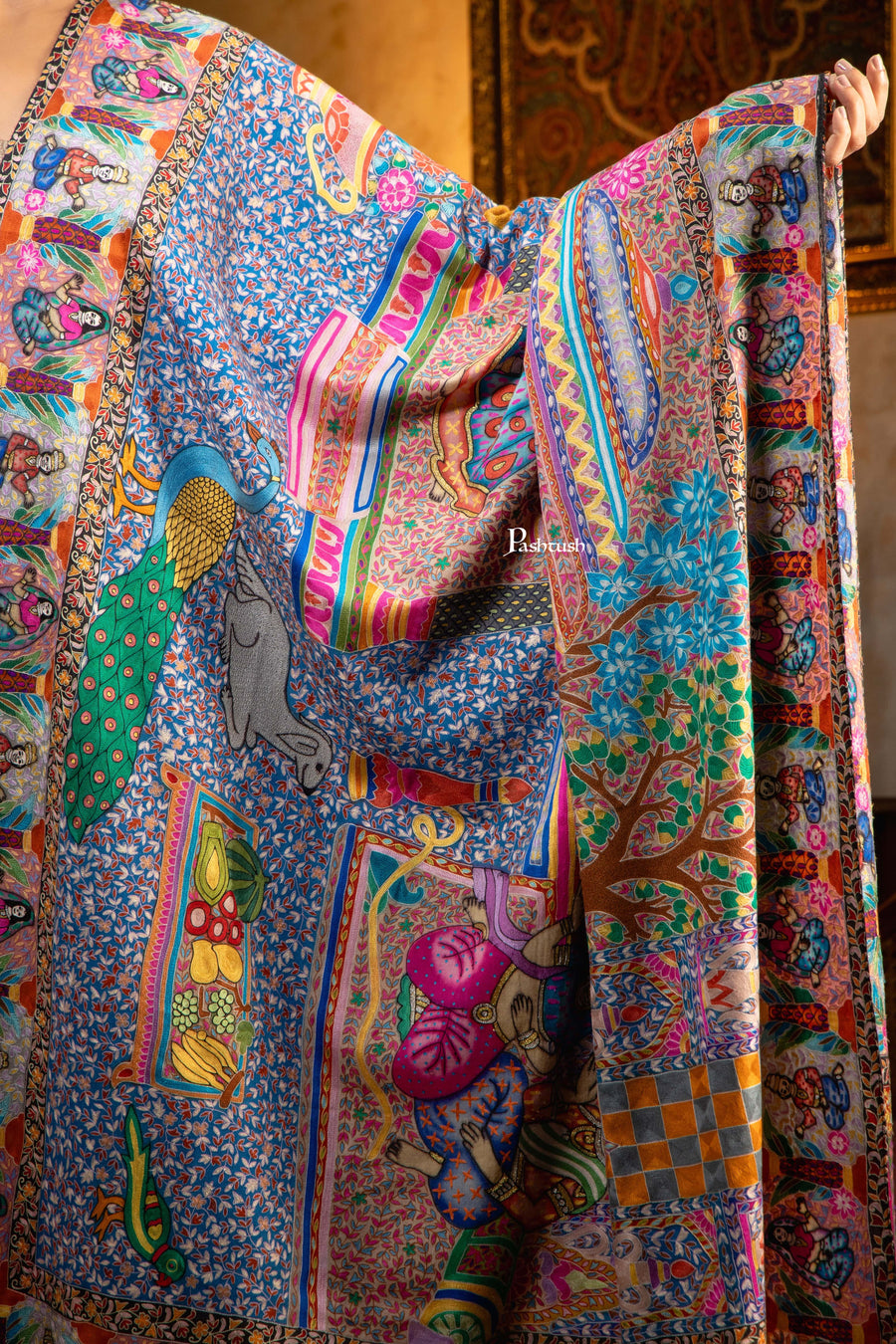 Pashtush Kalamkari Shawl, Pure Wool, Hand Embroidery with hand Painted ...
