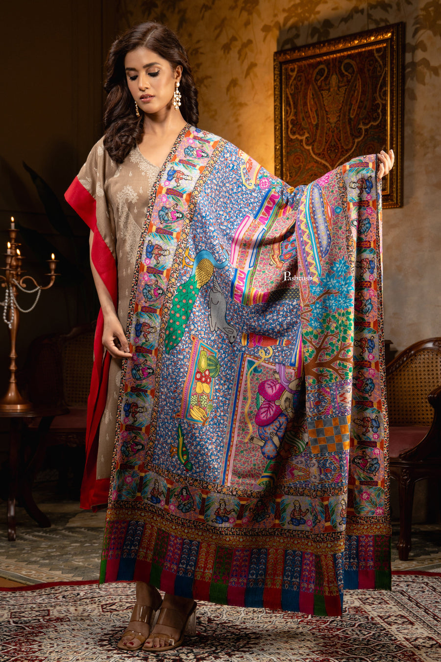 Pashtush Kalamkari Shawl, Pure Wool, Hand Embroidery with hand Painted ...