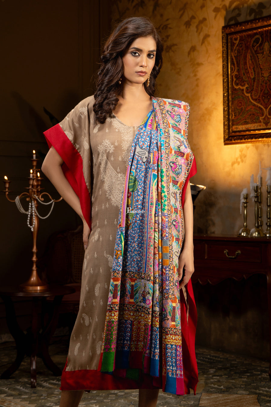 Pashtush Kalamkari Shawl, Pure Wool, Hand Embroidery with hand Painted ...