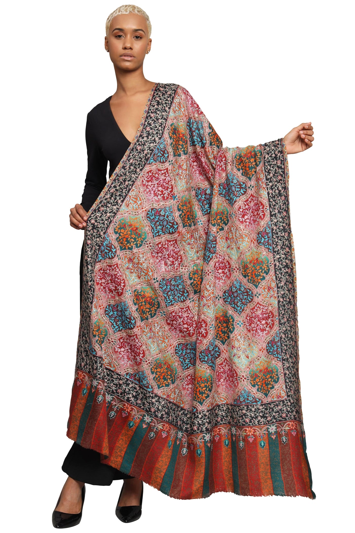 Pashtush Womens Extra Fine Wool Shawl, Kalamkari Embroidery, Nalki Jam ...