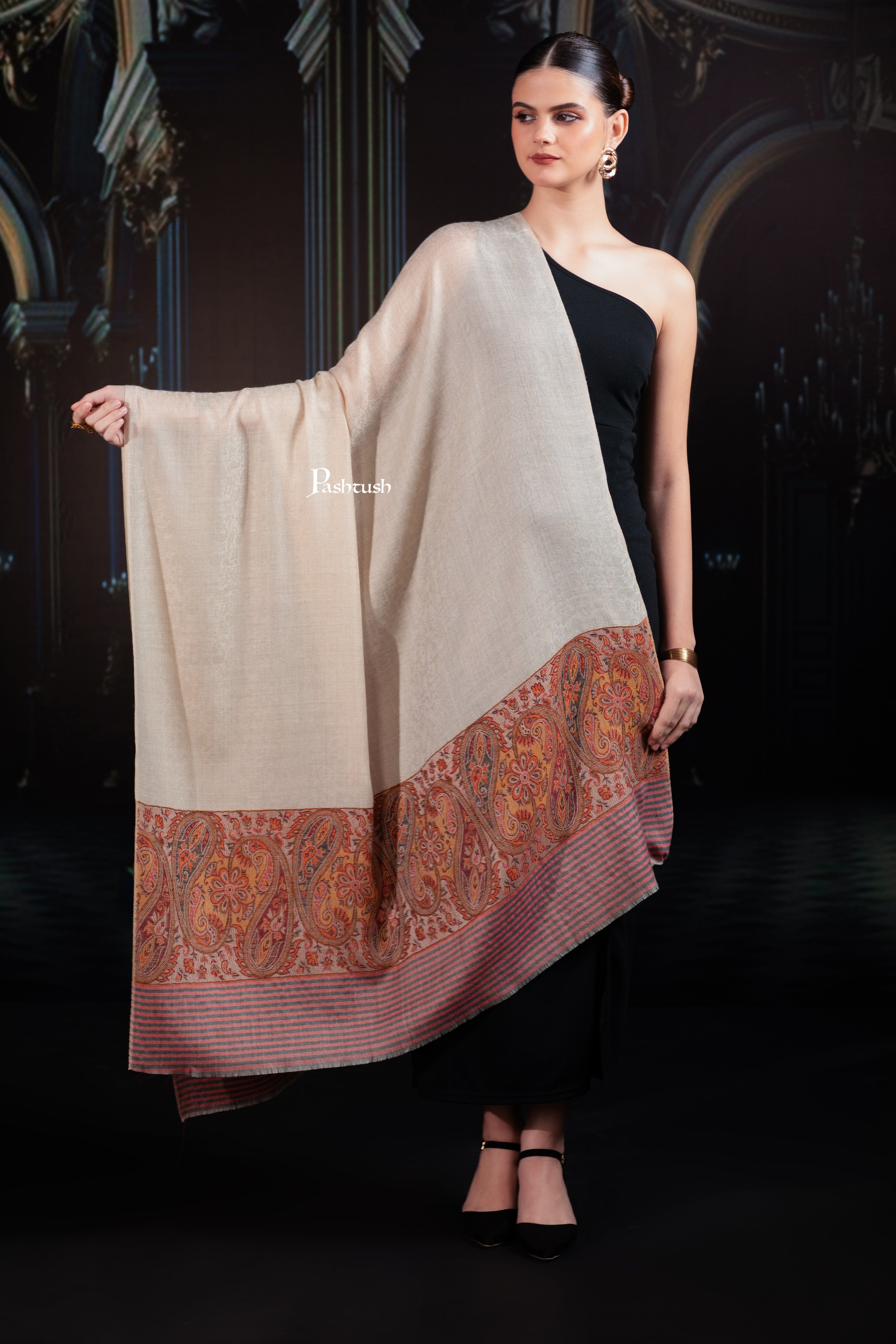 Pashtush Womens Extra Fine Wool Shawl, Pasiley Palla Design, Beige ...