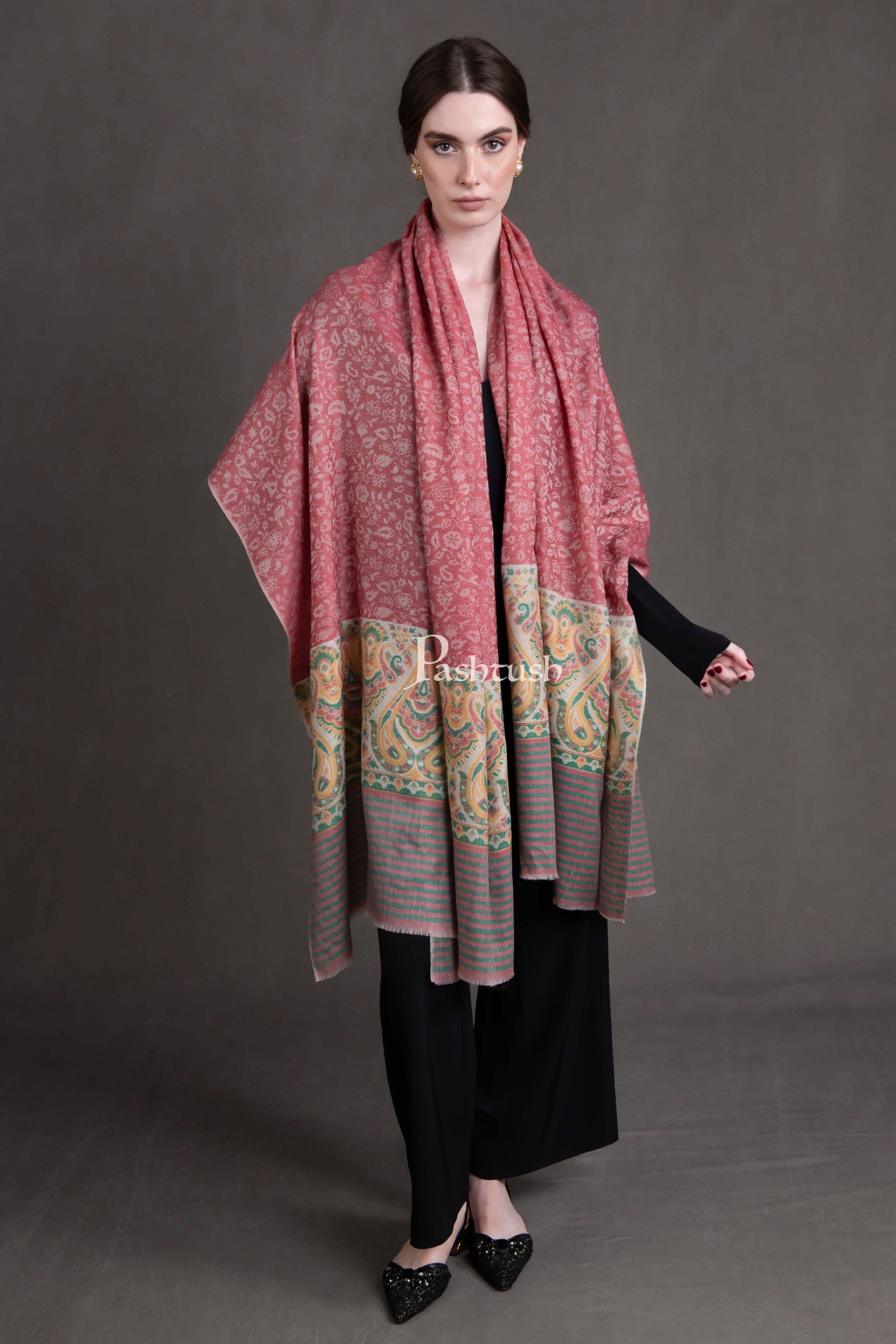 Pashtush Womens Extra Fine Wool Shawl, Woven Ethnic Palla Design, Rose ...