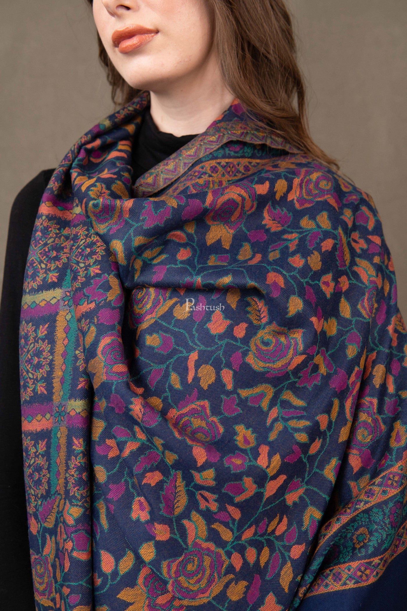 Pashtush Womens Faux Pashmina Shawl, Woven Jamawar, Floral Design, Blu ...