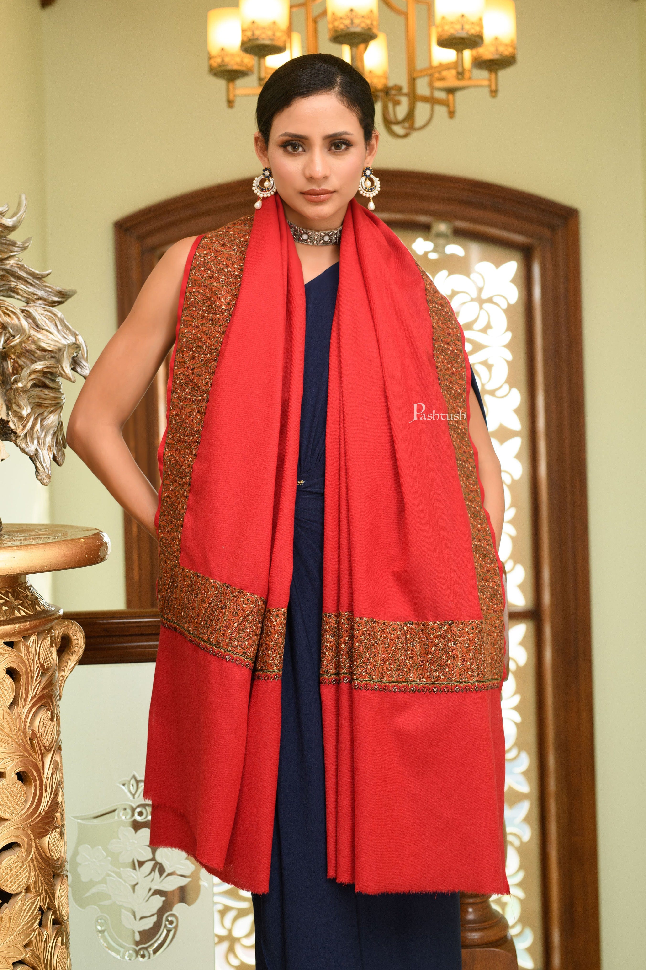 Pashtush Womens Fine Wool Shawl, Border Embroidery Challa Daur Design ...