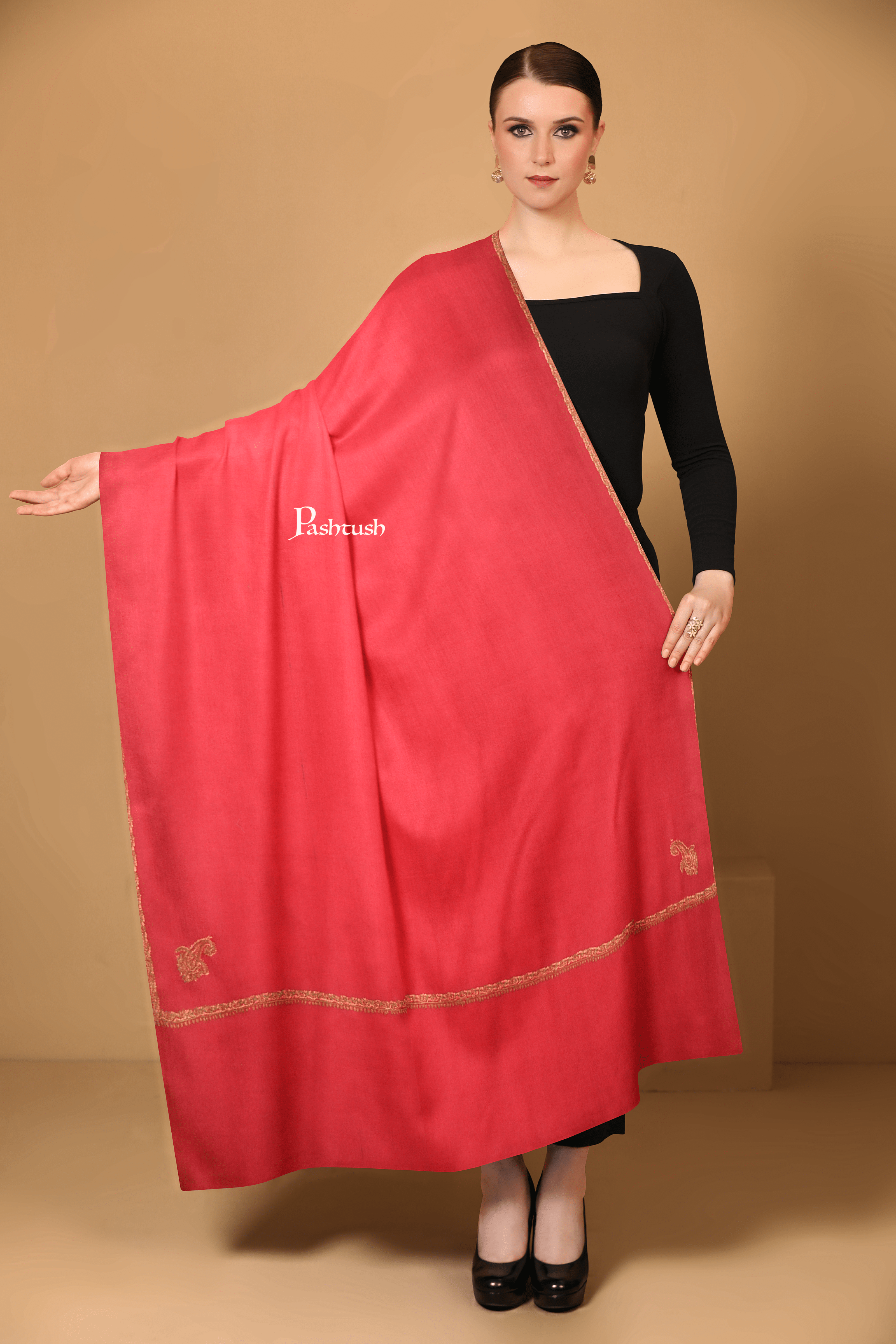 Pashtush Womens Fine Wool Shawl, Hand Embroidered Kingri Design, Red ...