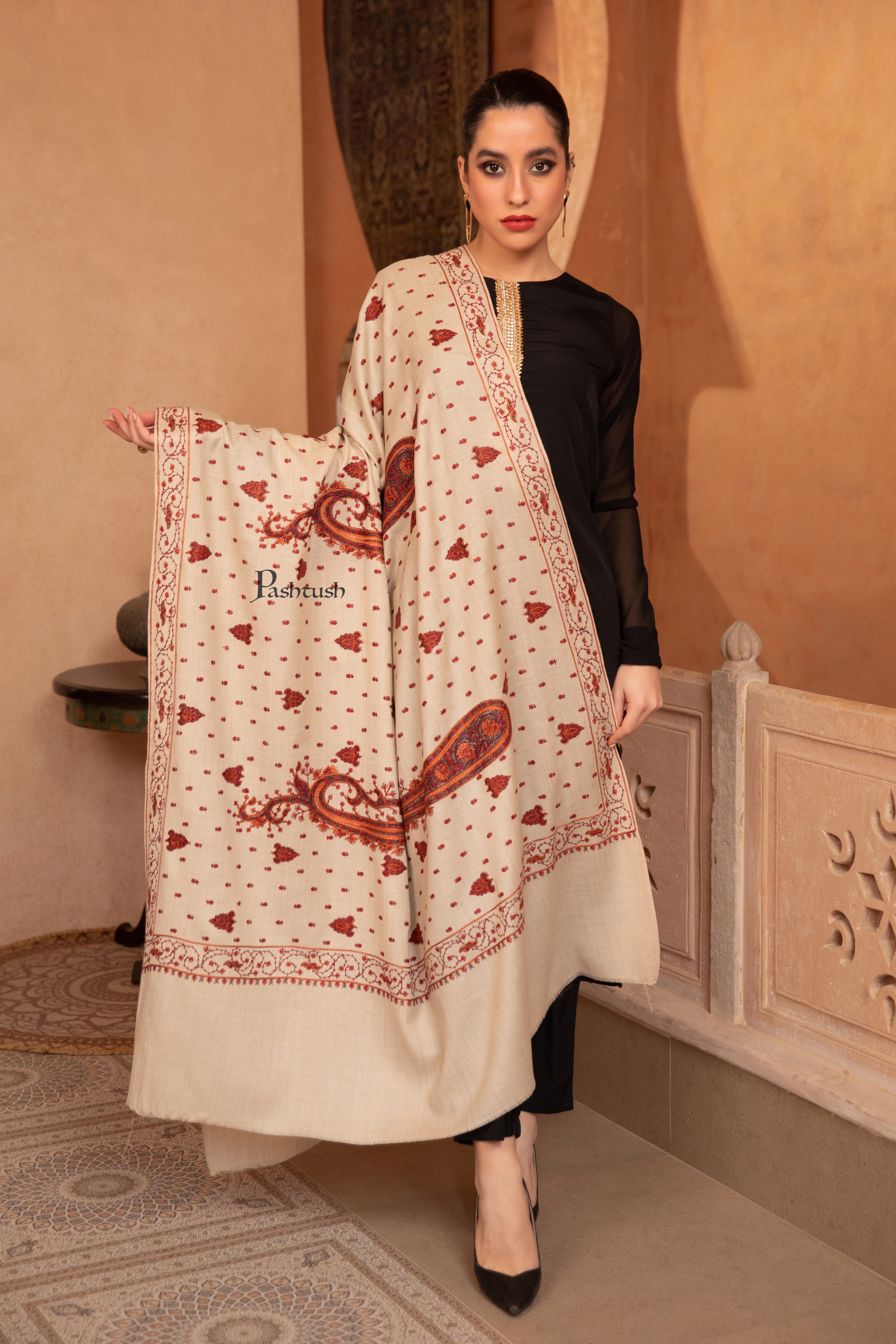 Pashtush Womens Fine Wool Shawl, Heavy Jaal Embroidery Design, Beige ...
