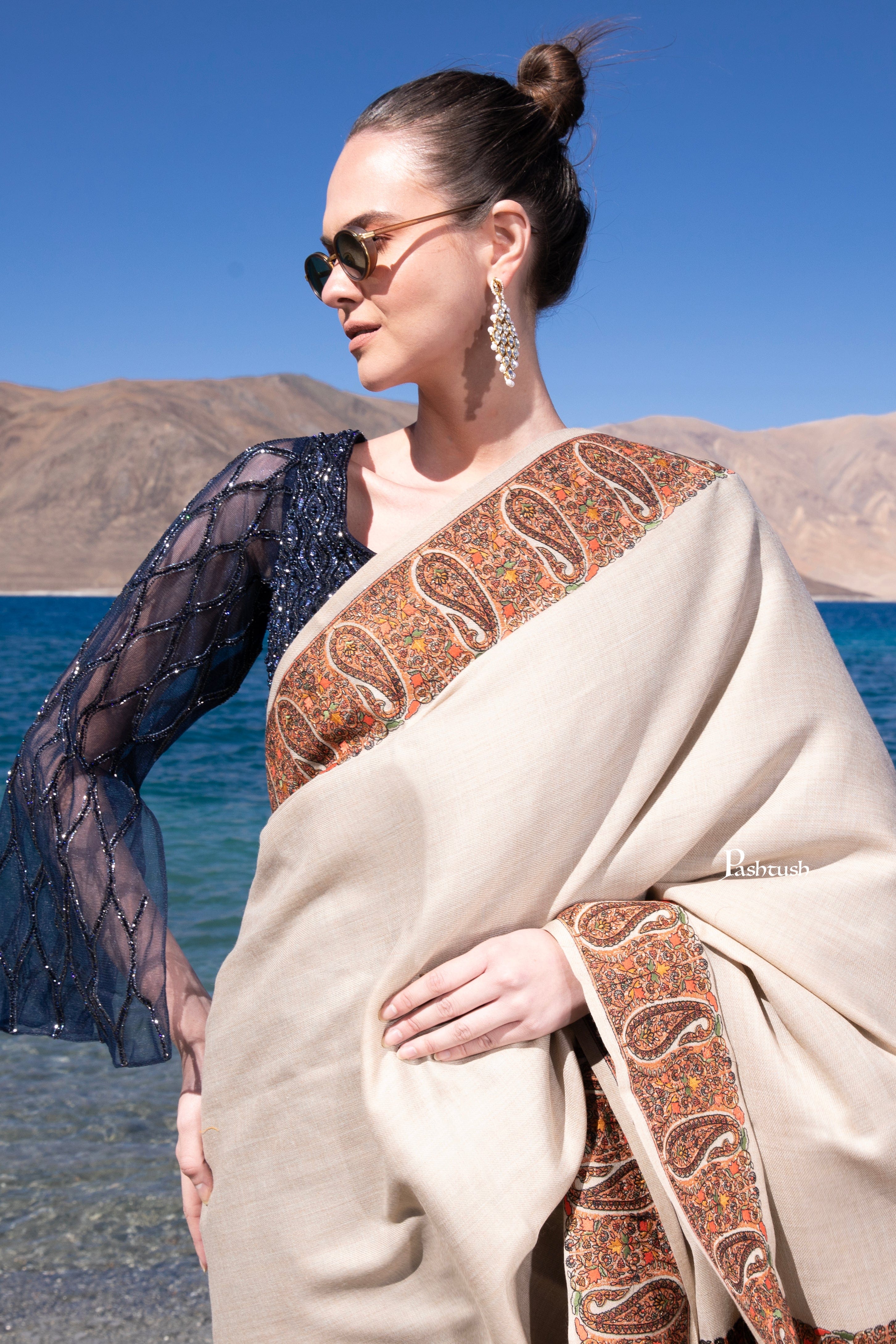 Pashtush Womens Fine Wool Shawl, Kashmiri Embroidery, Ambi Daur With M ...