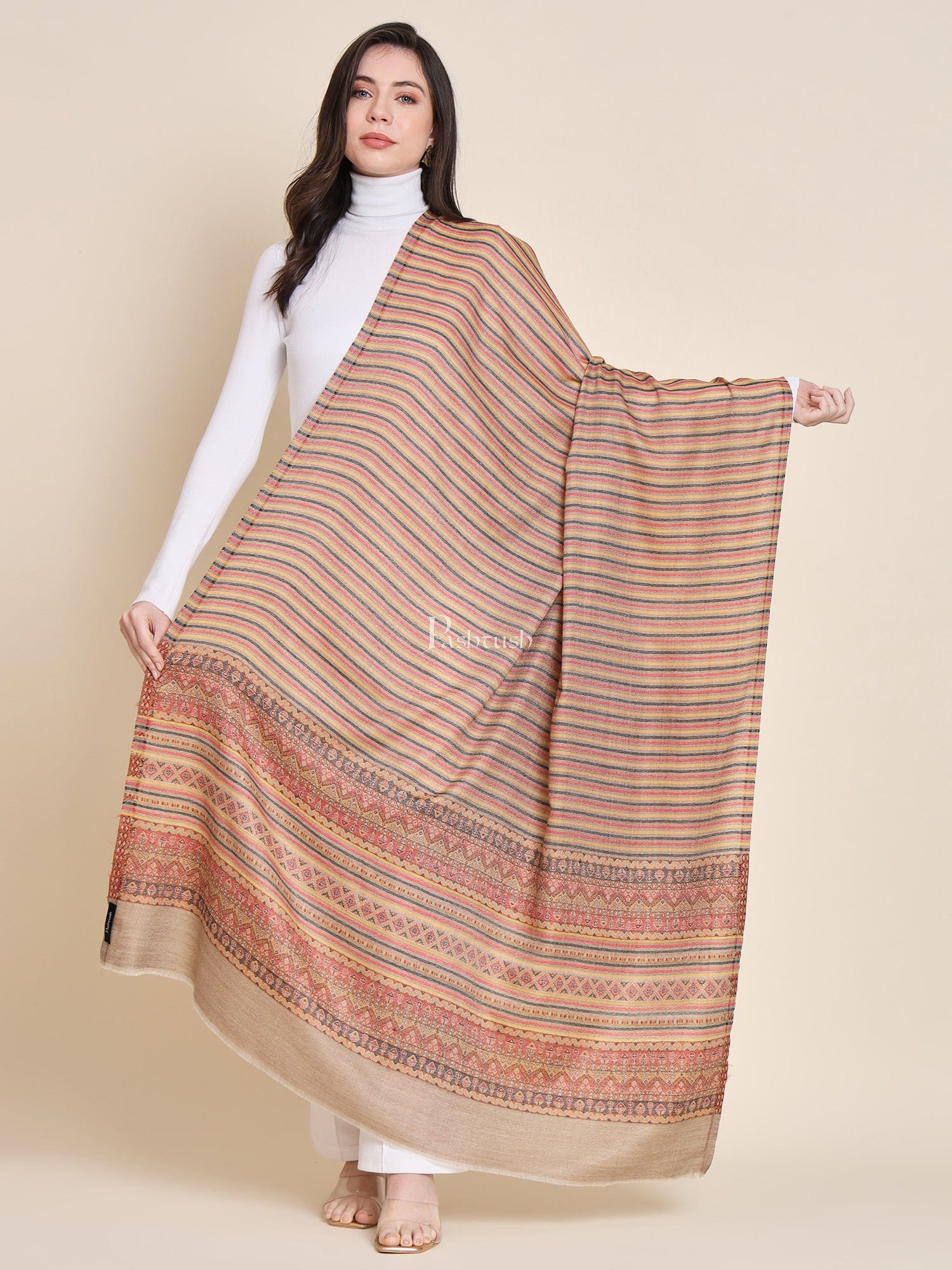 Pashtush Womens Fine Wool Shawl, With Aztec Weave Striped Palla, Taupe ...