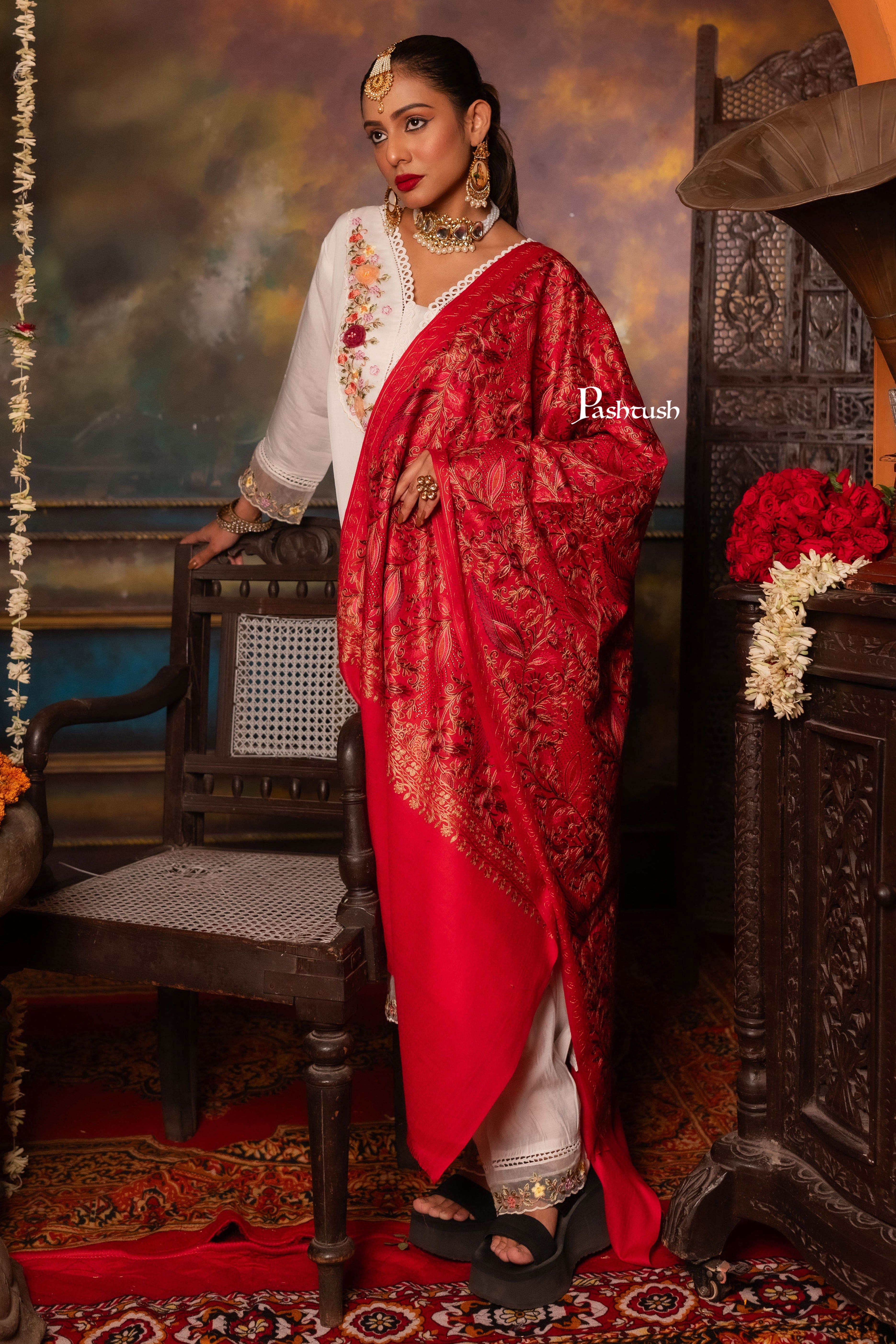 Pashtush Womens Fine Wool Stole, Nalki Embroidery Design, Maroon ...