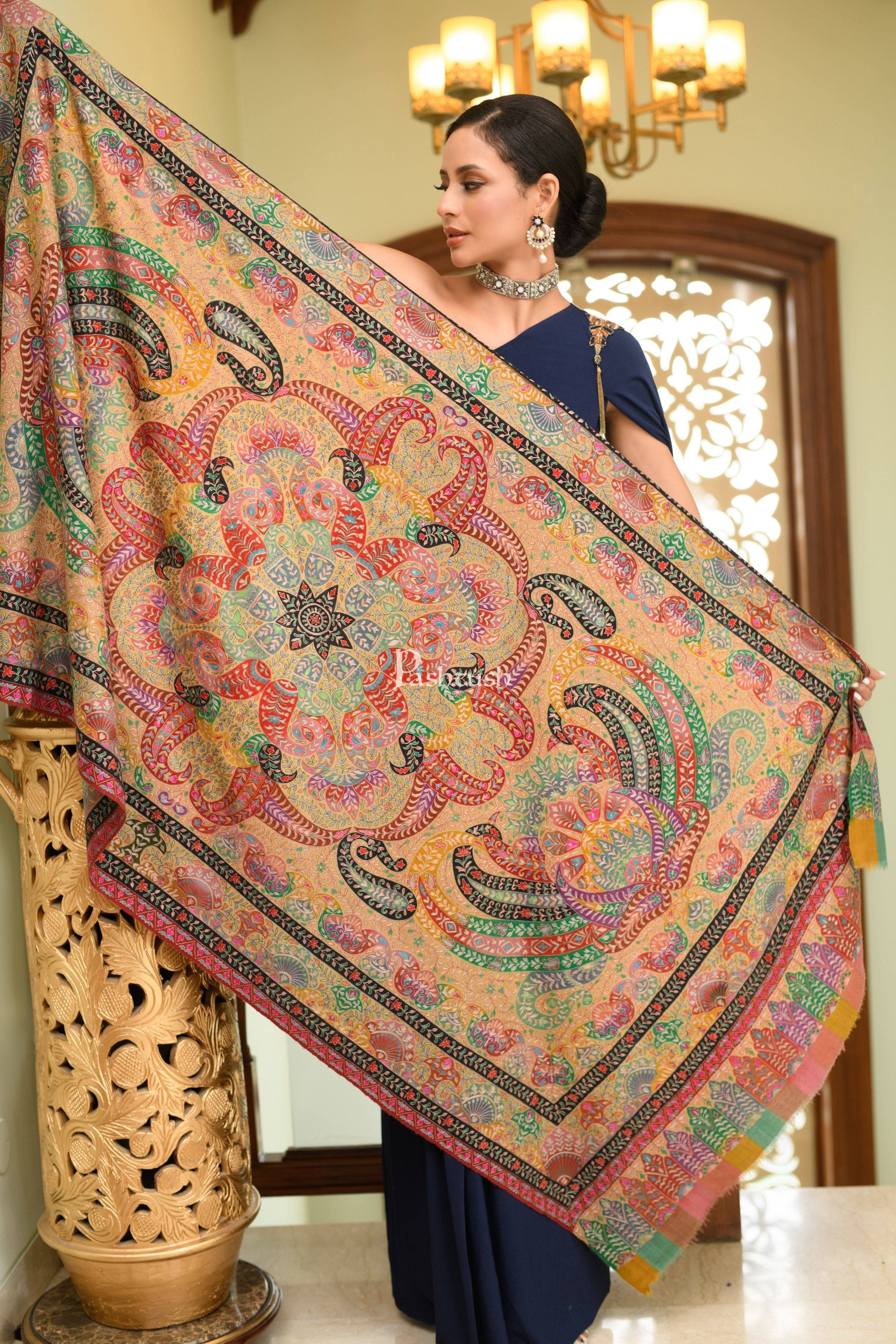 Pashtush Womens Pure Pashmina Shawl, Hand Painted And Embroidered Kala ...