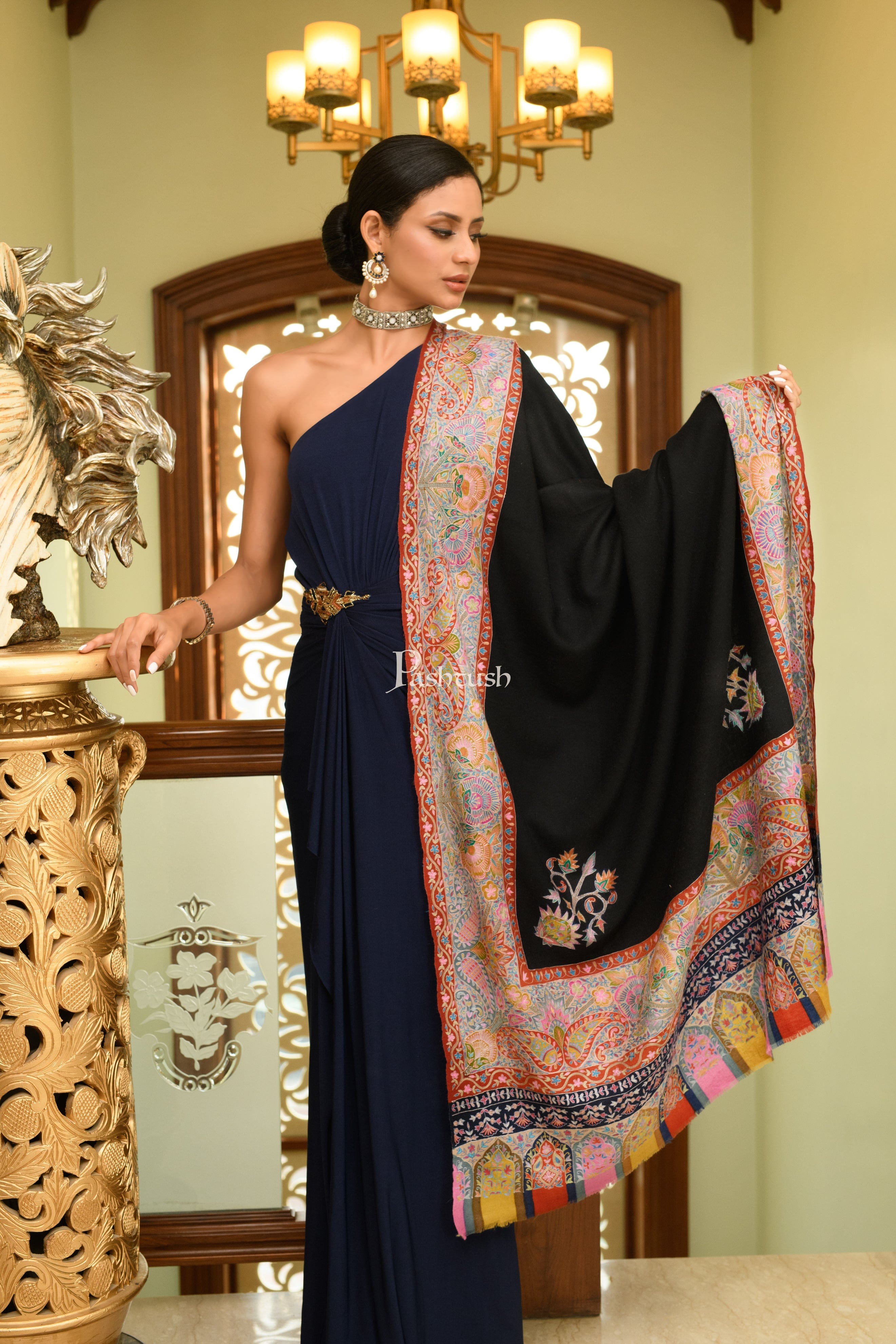 Pashtush Womens Pure Pashmina Shawl, Hand Painted And Embroidered Kala ...