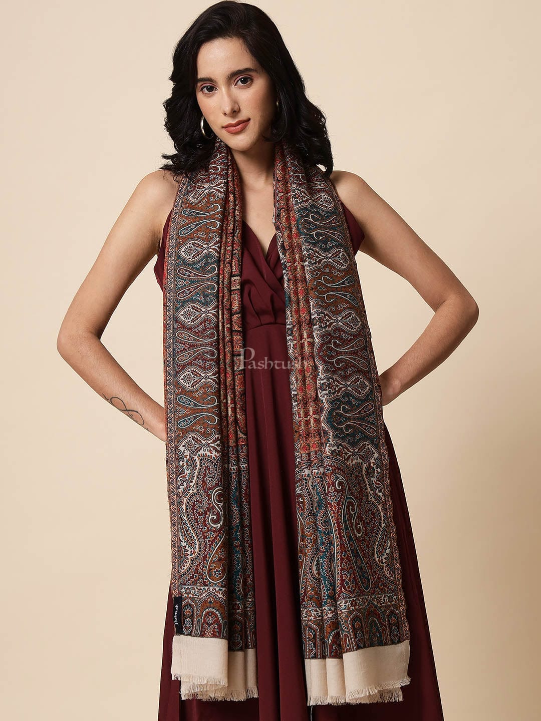 Pashtush Womens Pure Wool Embroidered Jamawar Shawl, With Woolmark Cer ...