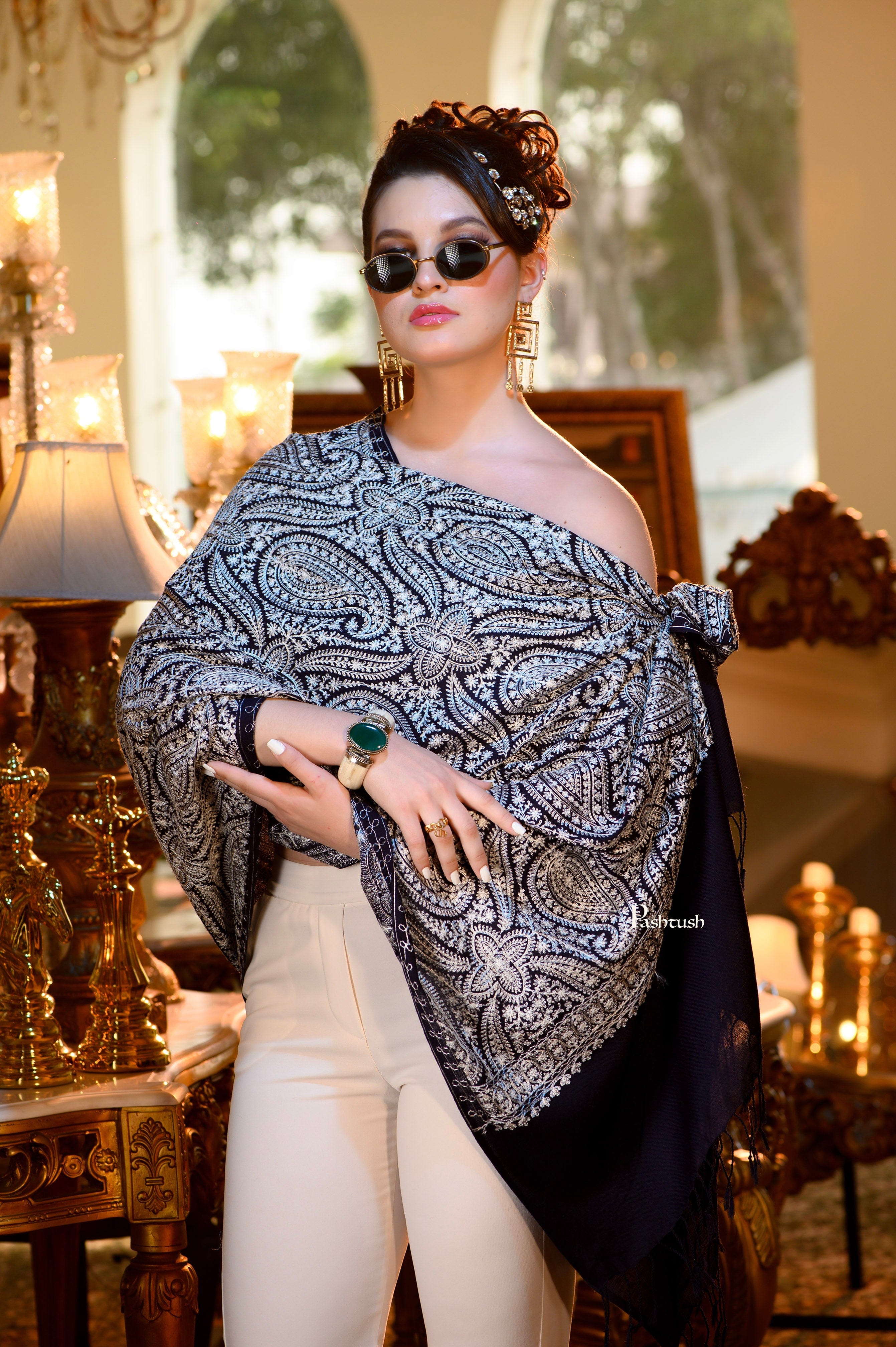 Pashtush Womens Stole, Soft Silky Nalki Embroidery Needlework Stole, N ...