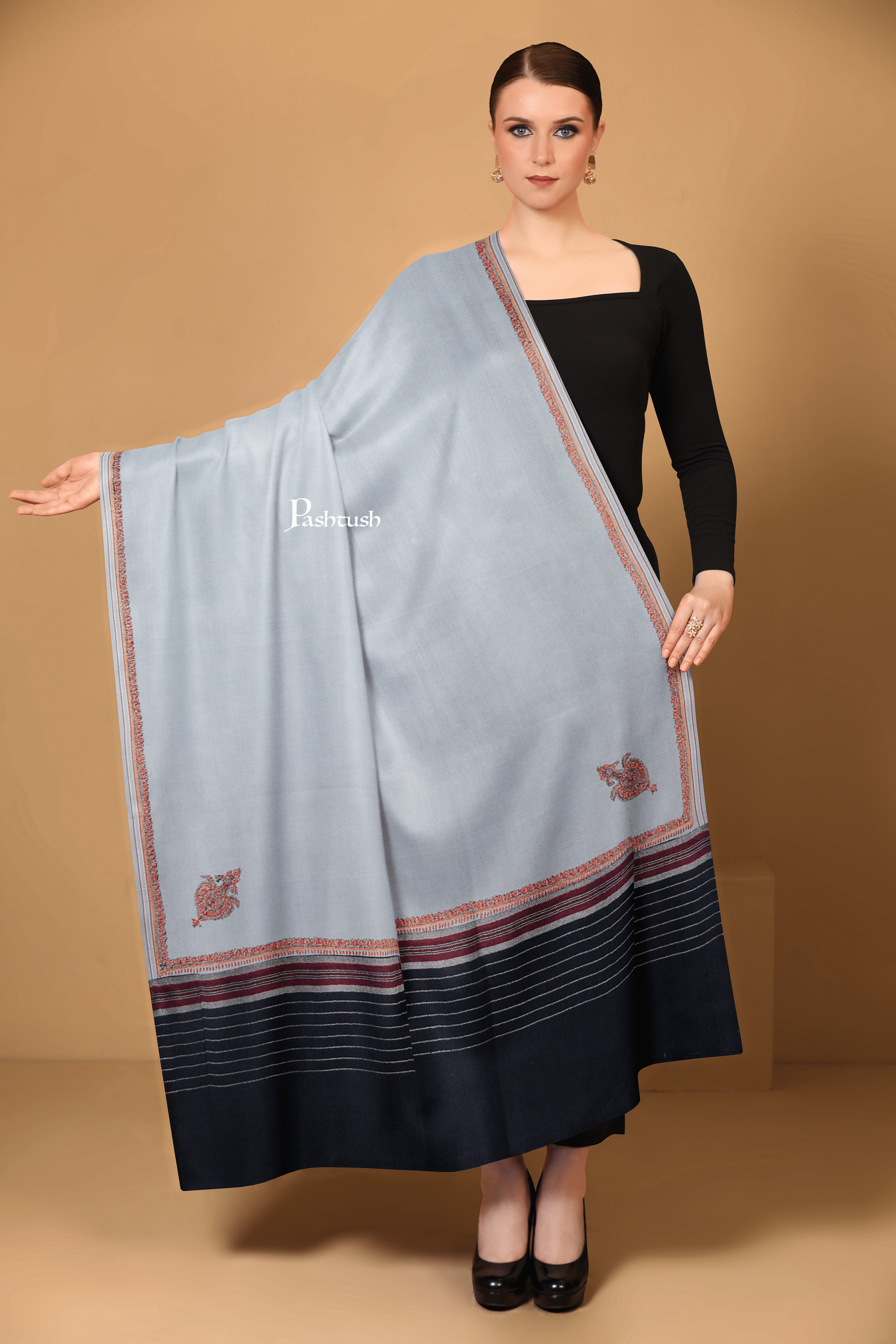 Pashtush Womens Woollen Shawl, Hand Embroidered Kingri Design, Grey ...
