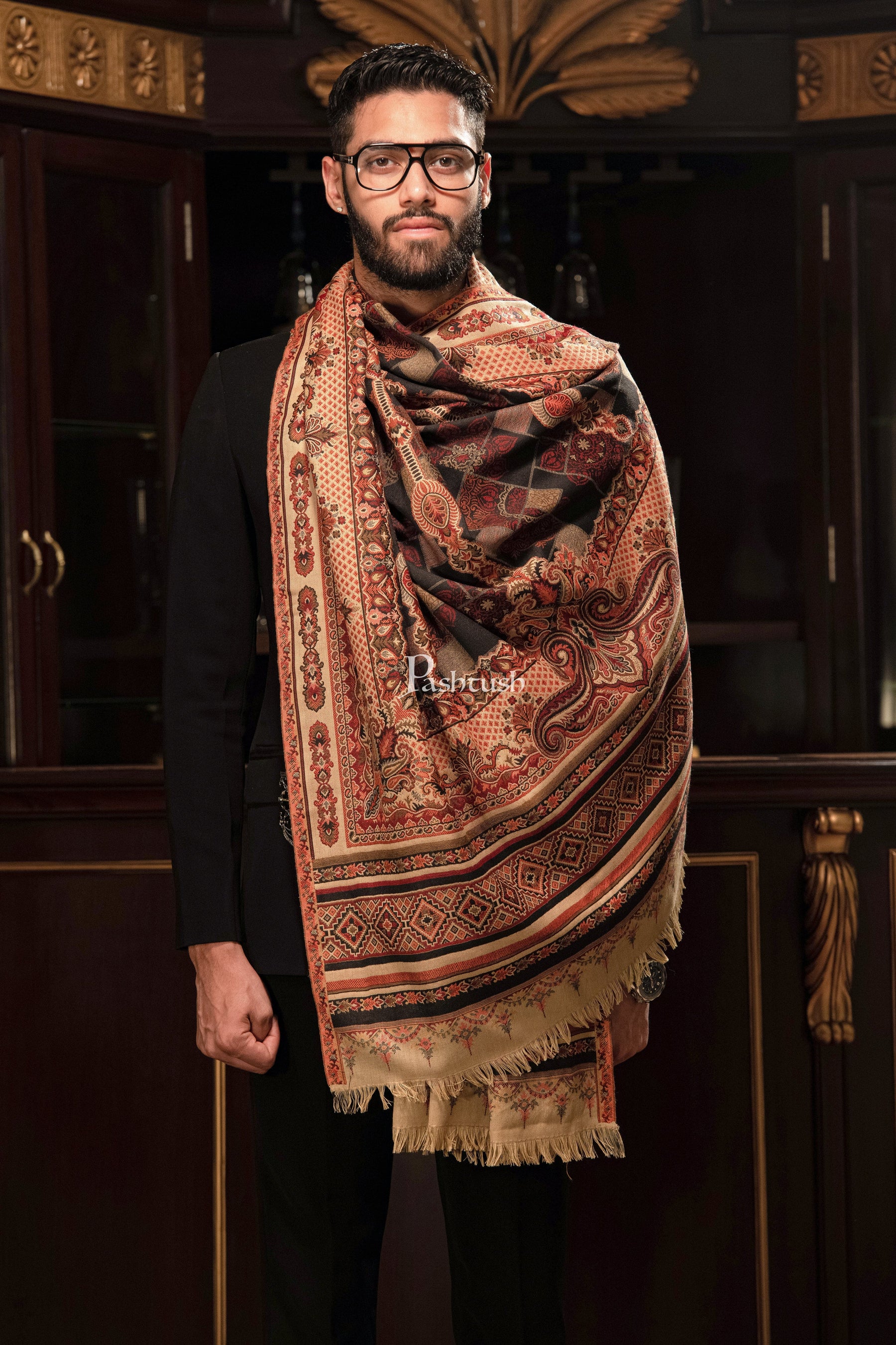 Pashtush mens faux pashmina stole, aztec jamawar design – Pashtush ...