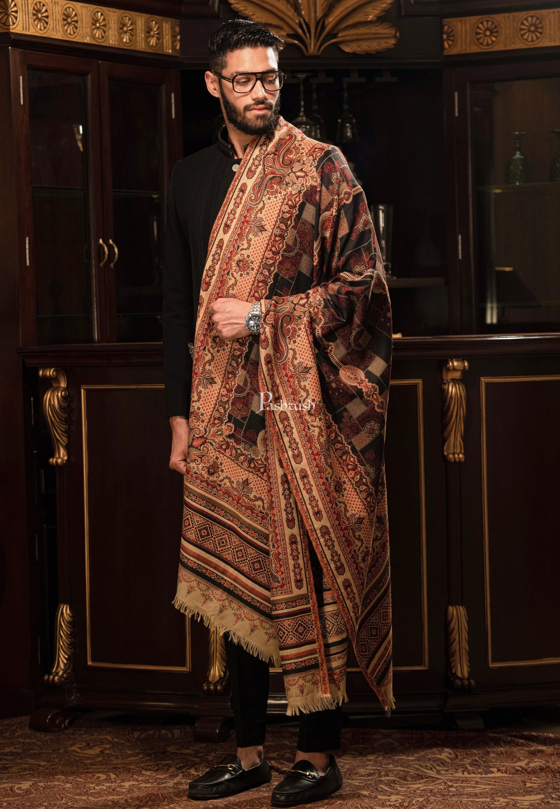 Pashtush mens faux pashmina stole, aztec jamawar design – Pashtush ...