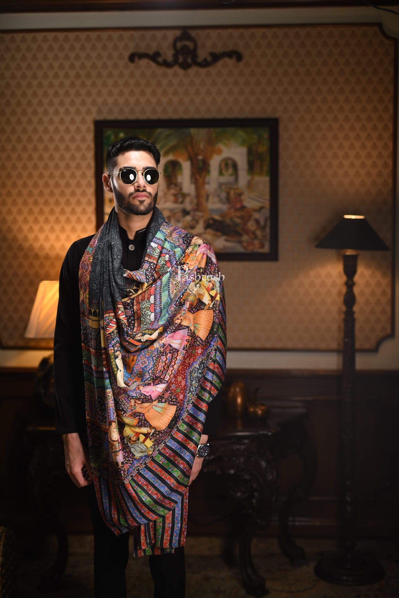 Pashtush Mens Mughal Darbar Printed Stole, 100% Pure, Woolmark Certifi ...