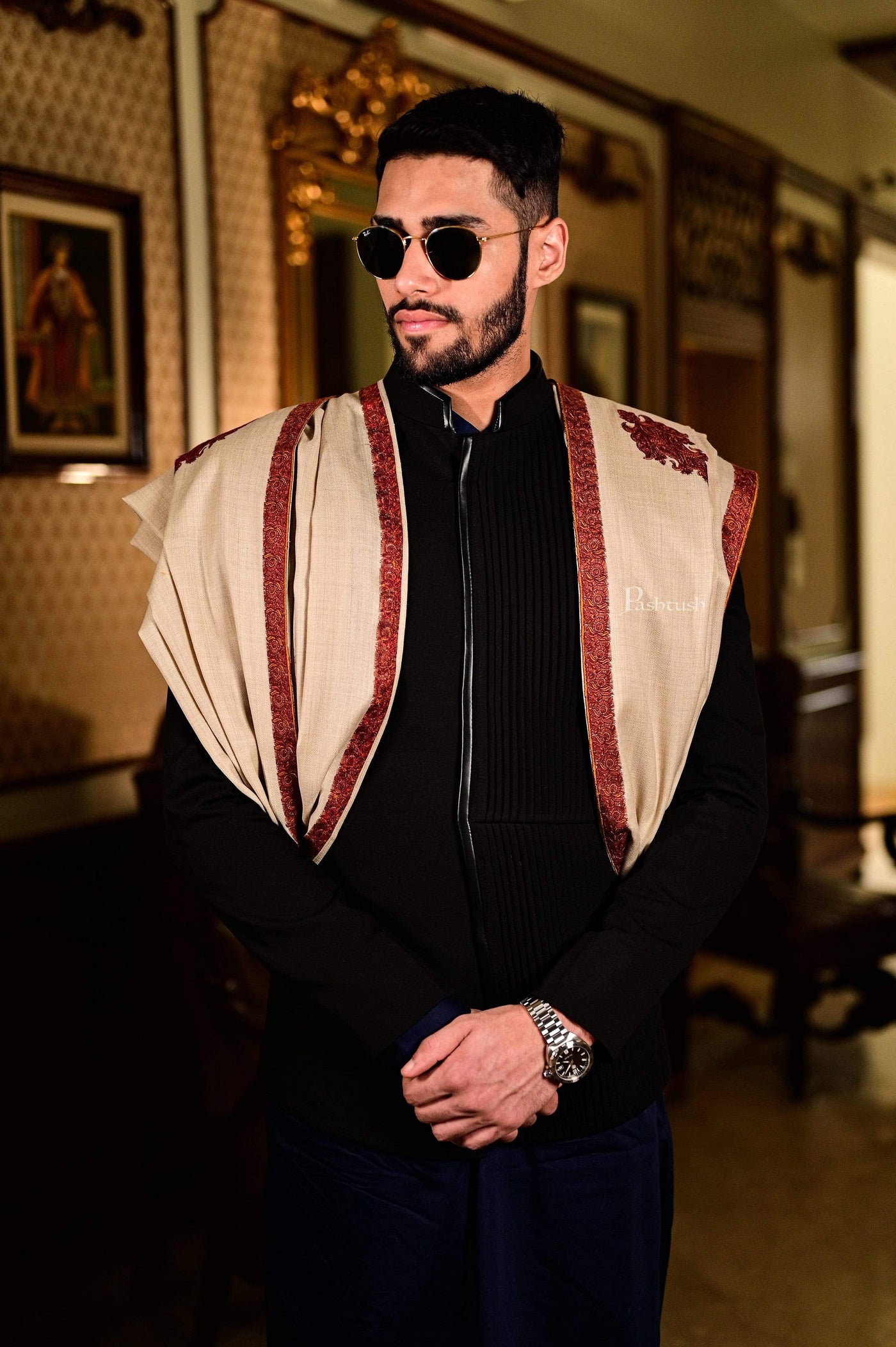 Pashtush Mens Shawl, Embroidery Haashia Dushala, Beige – Pashtush Shawl ...