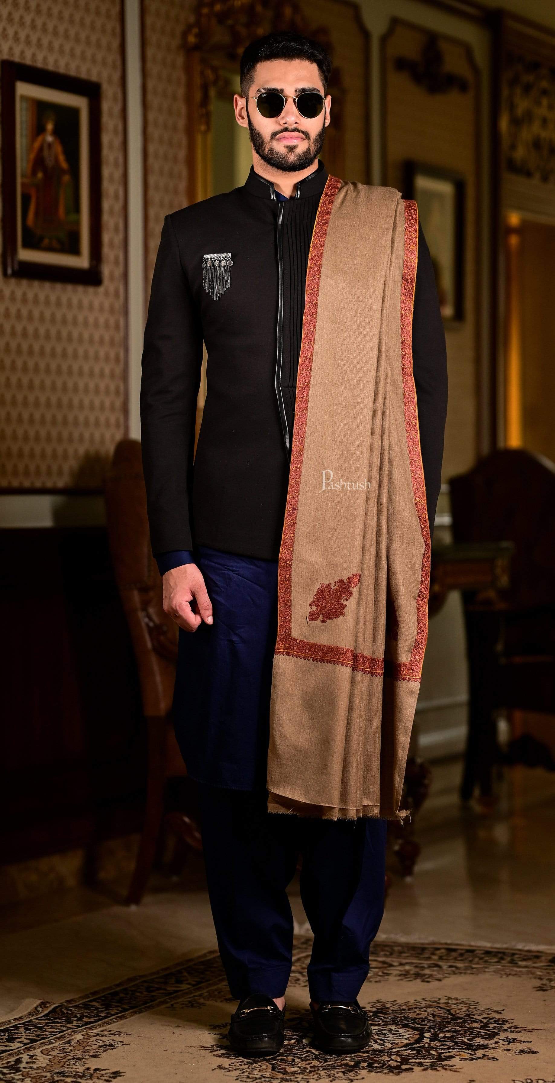 Pashtush Mens Shawl, Embroidery Haashia Dushala, Taupe – Pashtush Shawl ...