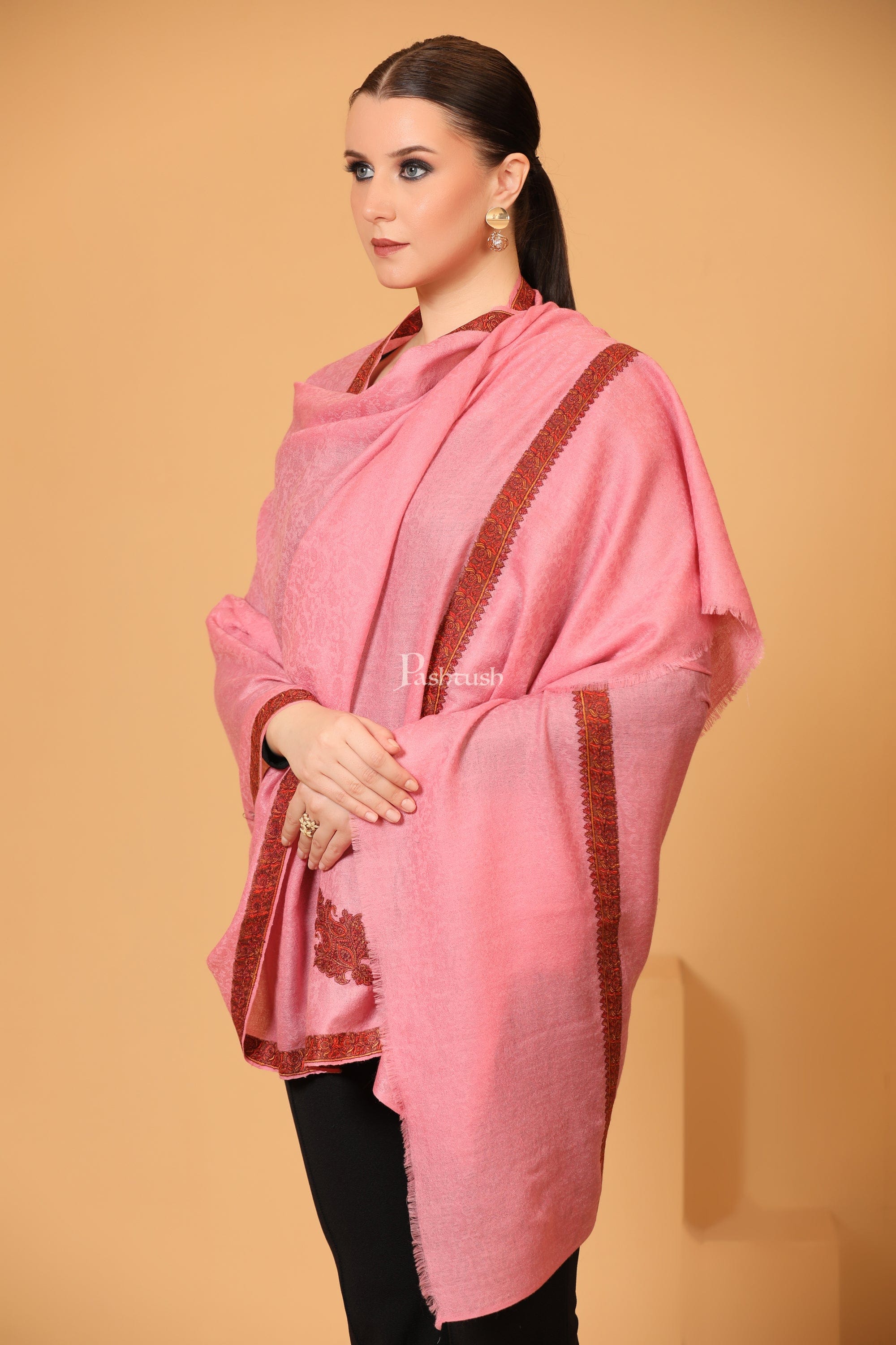 Pashtush Women's Kingri Border Embroidery Shawl, Fine Wool, Pink ...