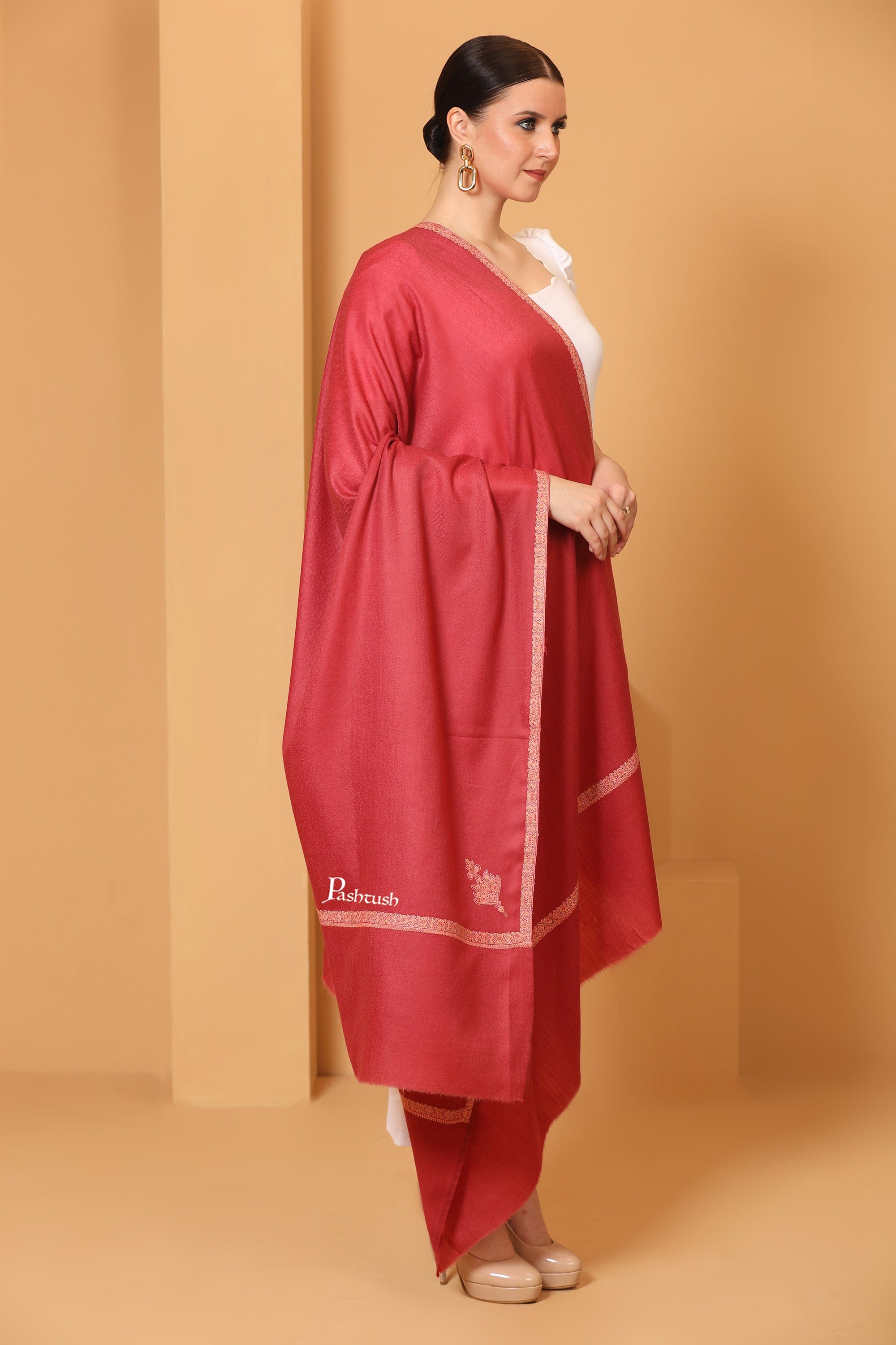 Pashtush Women's Kingri Border Embroidery Shawl, Fine Wool, Rose Pink ...