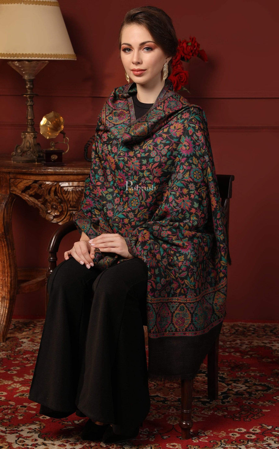 Pashtush Womens 100% Pure Wool Twin Color Reversible Ethnic Weave Shaw ...