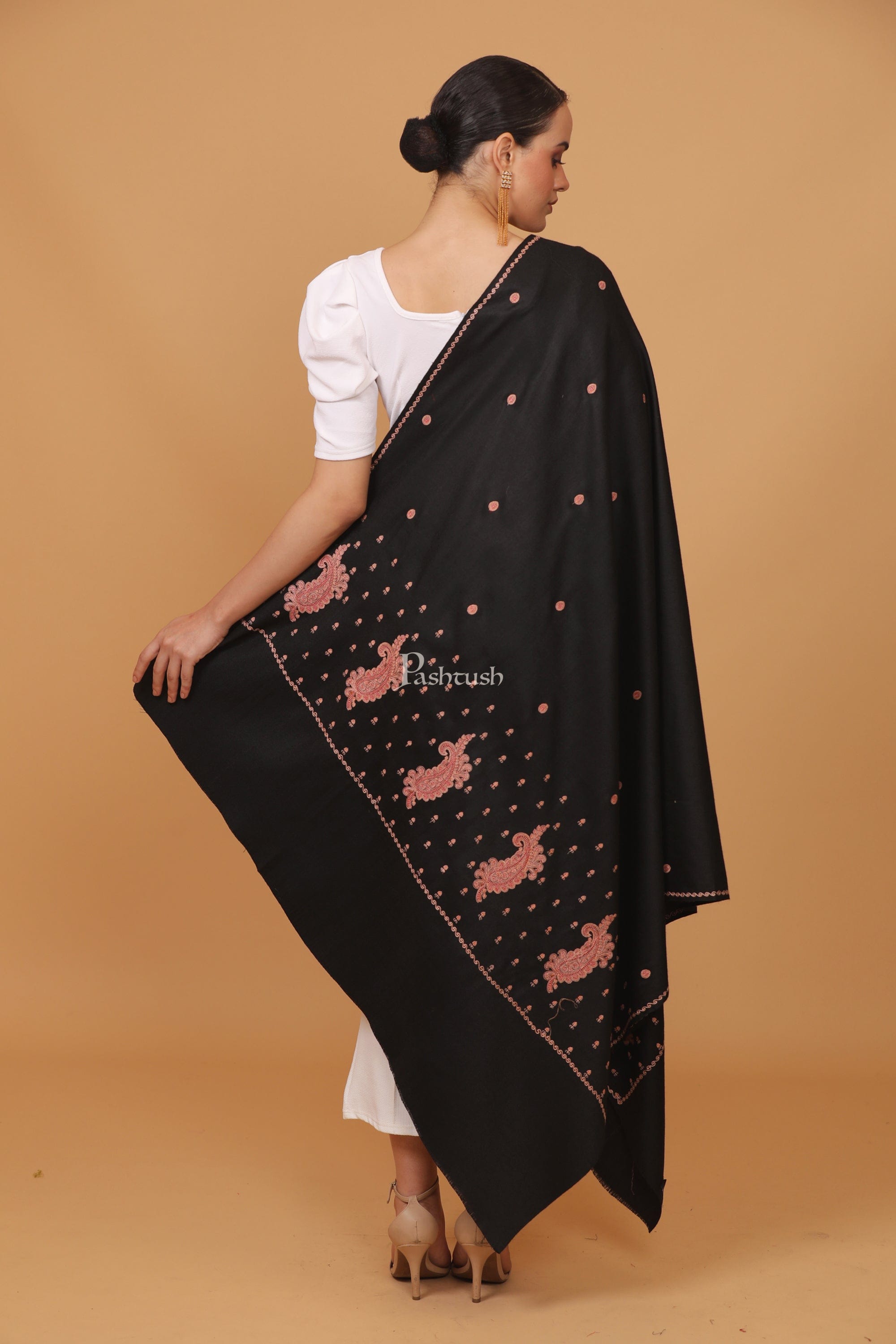 Pashtush womens Fine Wool shawl, booti embroidery design, Black ...