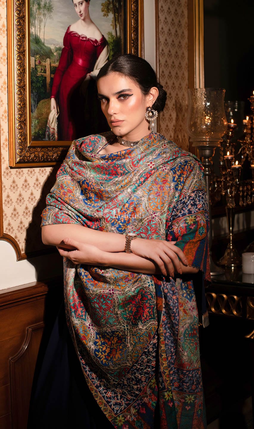 Pashtush womens Fine Wool shawl, nalki embroidery design, Multicolour ...