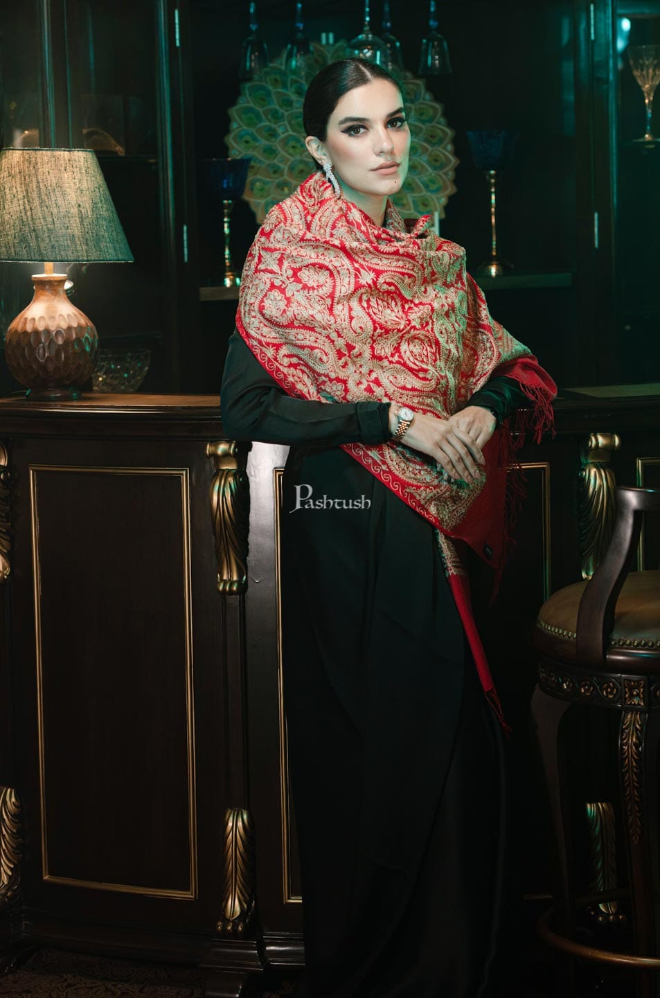 Pashtush womens Fine Wool Stole, nalki embroidery design, Red ...