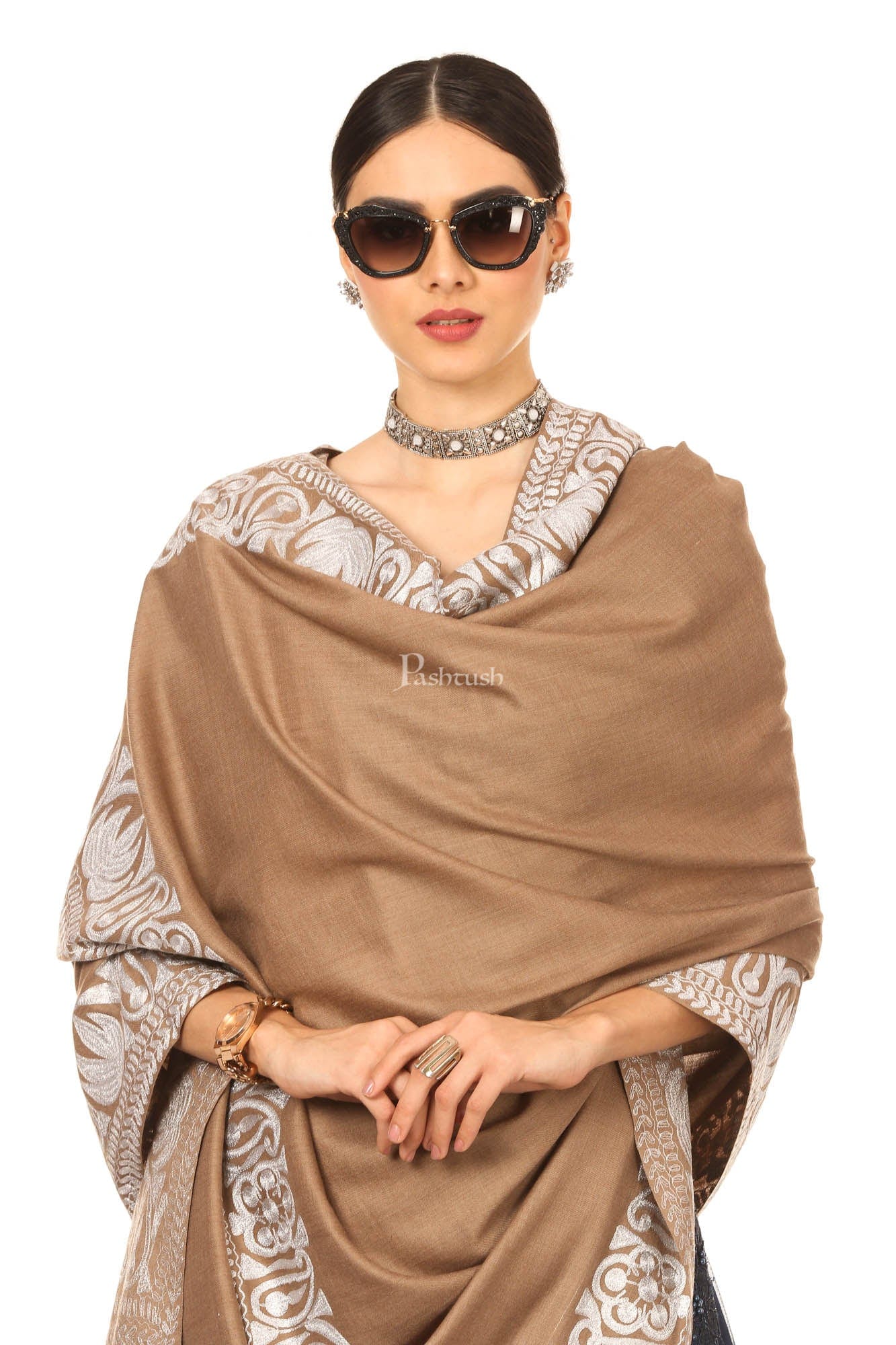 Pashtush Womens Hand Embroidery Shawl, Border Design With Tilla Zari W ...
