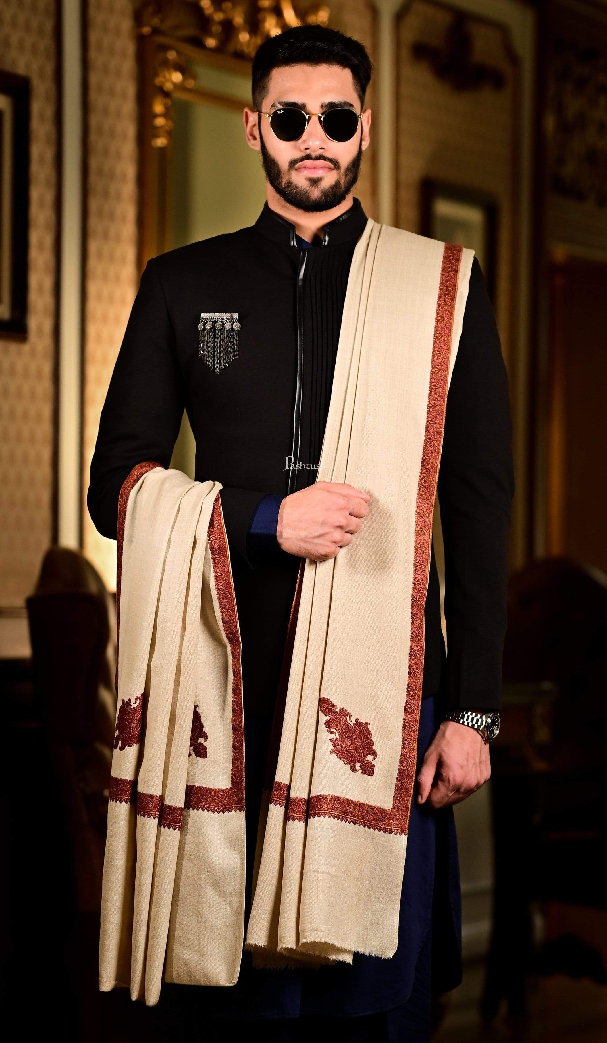 Pashtush Mens Shawl, Embroidery Haashia Dushala, Beige – Pashtush Shawl ...