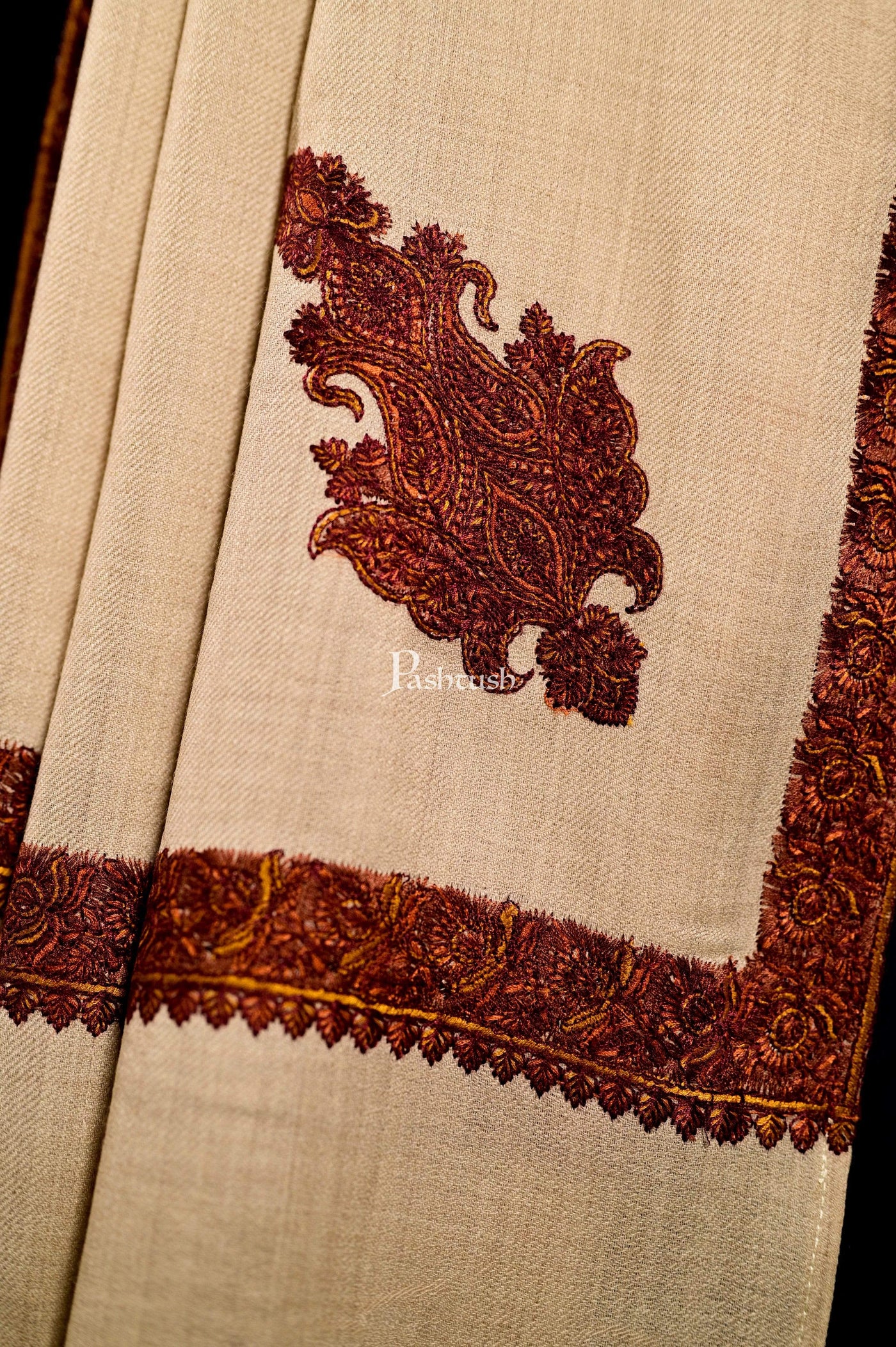 Pashtush Mens Shawl, Embroidery Haashia Dushala, Beige – Pashtush Shawl ...